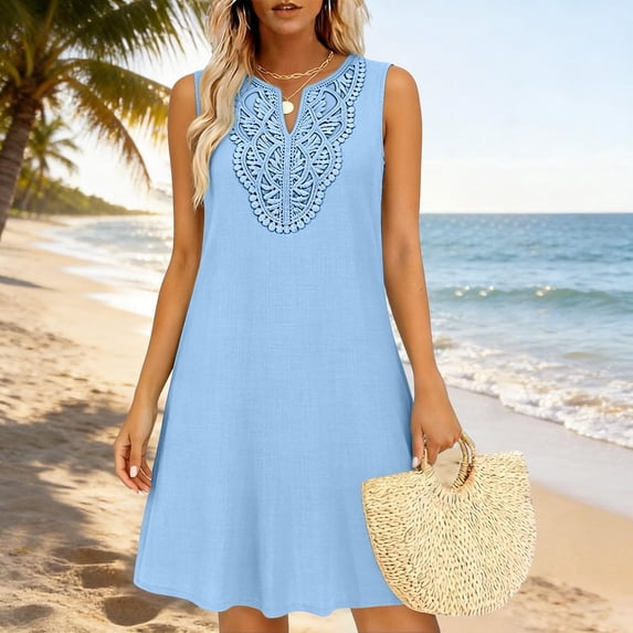 Midi Dress for Women Sleeveless V Neck Linen Gauze Sundresses Summer ...