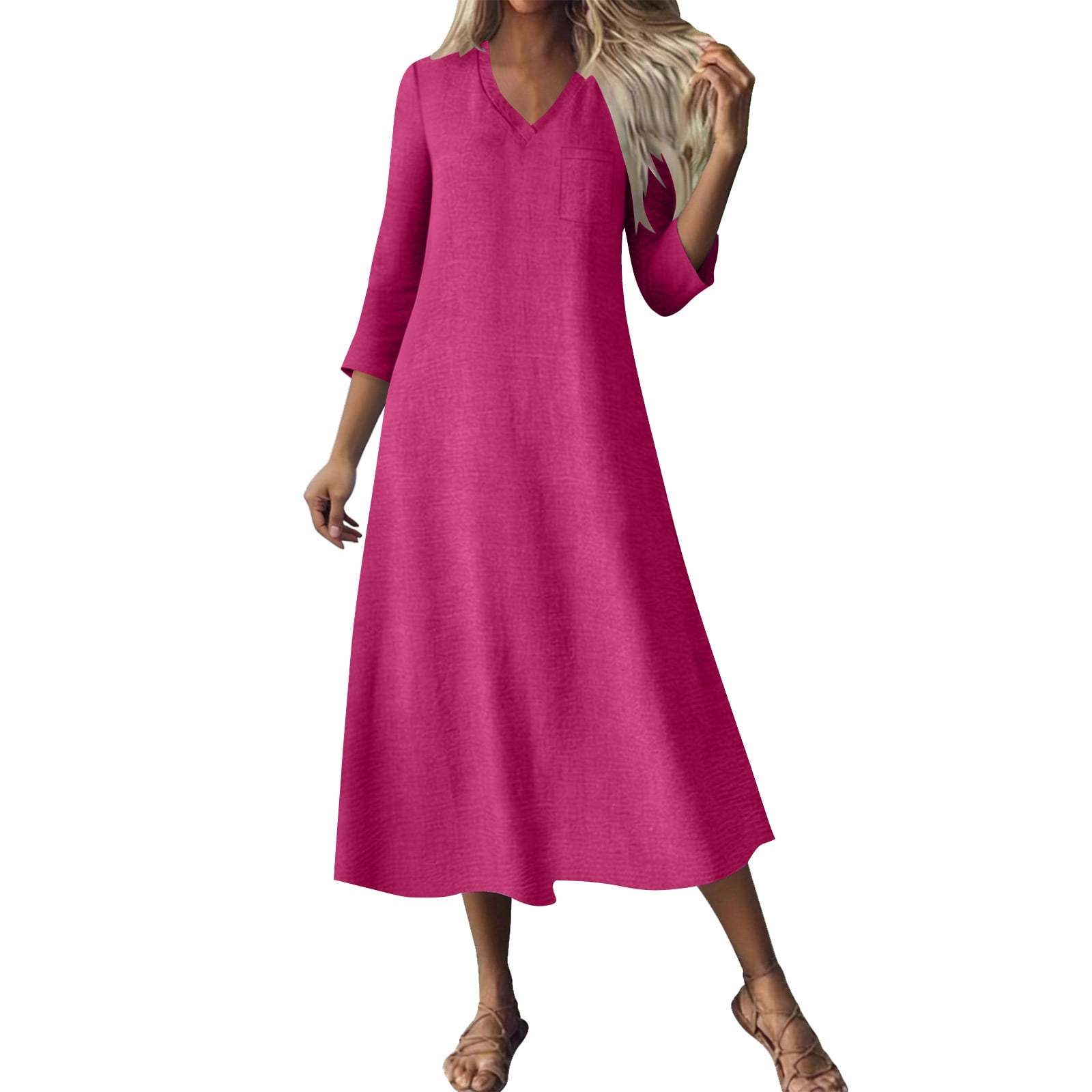 Midi Linen Dress for Women Gauze Maxi Dress Casual V Neck 3/4 Sleeve ...