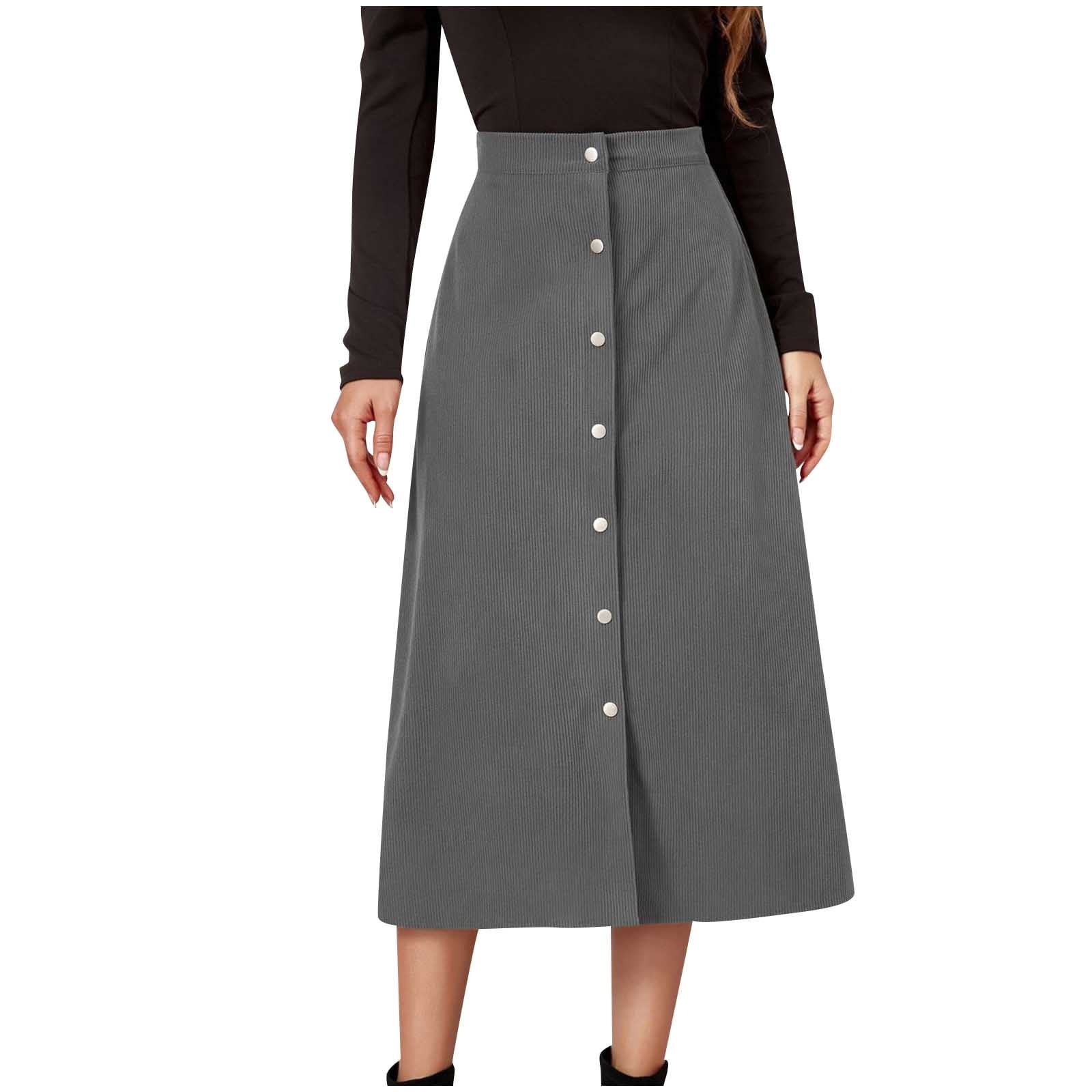 Midi Skirts for Women Corduroy Solid Color High Waisted Button up ...