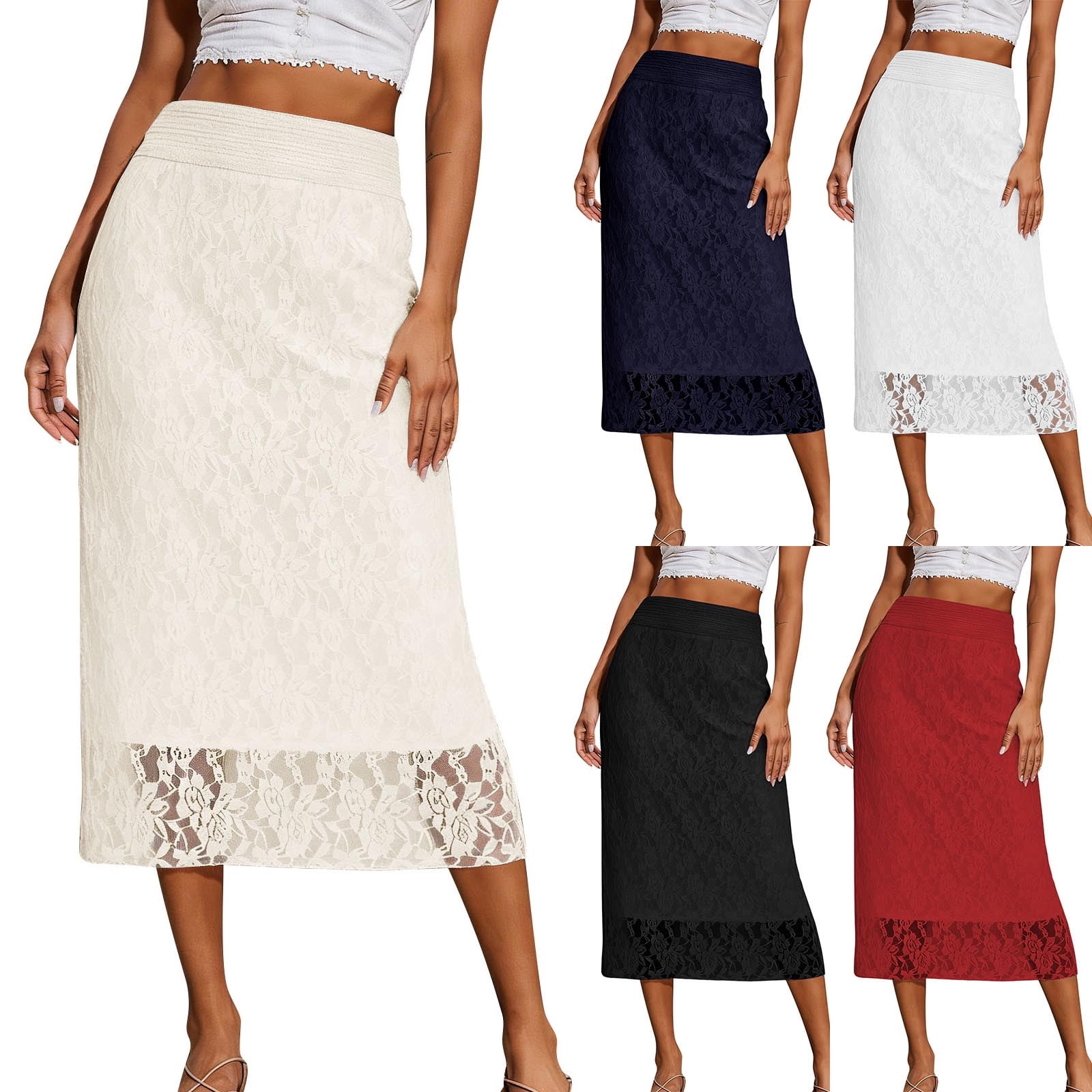 Midi Skirts for Women Plus Size Solid Color High Waist Lace Skirts ...