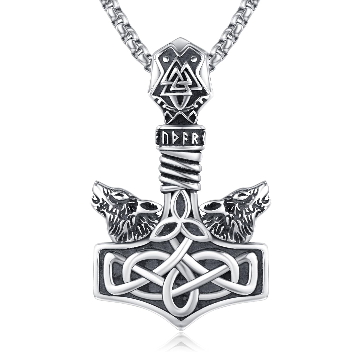 Midir&Etain Mjolnir Necklace 925 Sterling Silver Thors Hammer Wolf Head ...