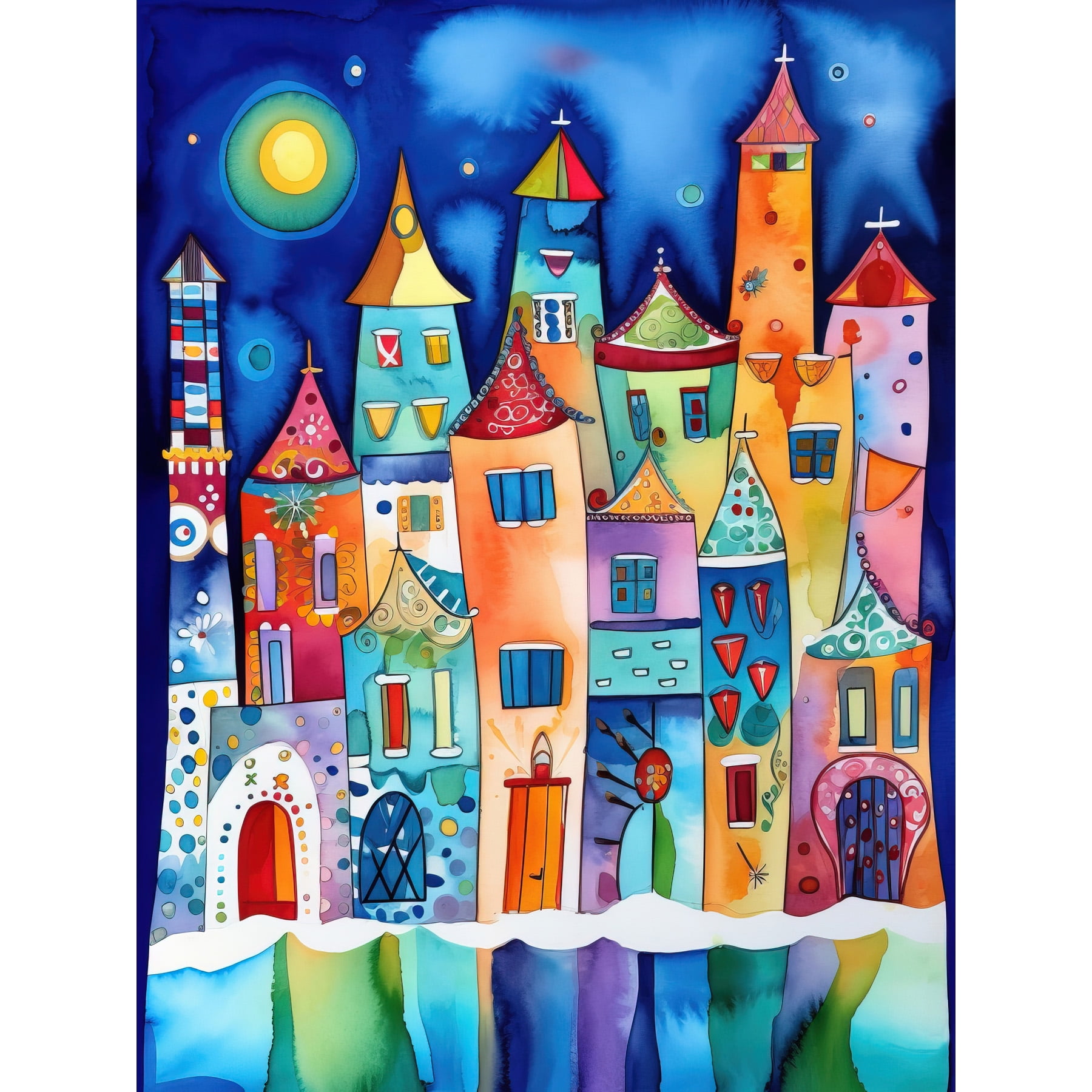 Midnight Abstract Town Folk Art Extra Large XL Wall Art Poster Print ...