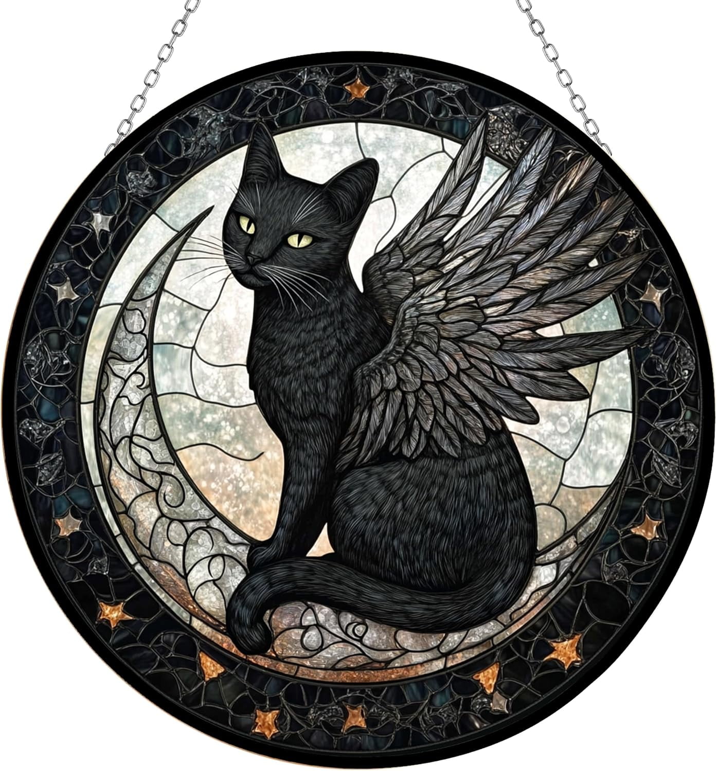 Midnight Black Cat and Angel Wings Stained Glass Suncatcher Stained ...
