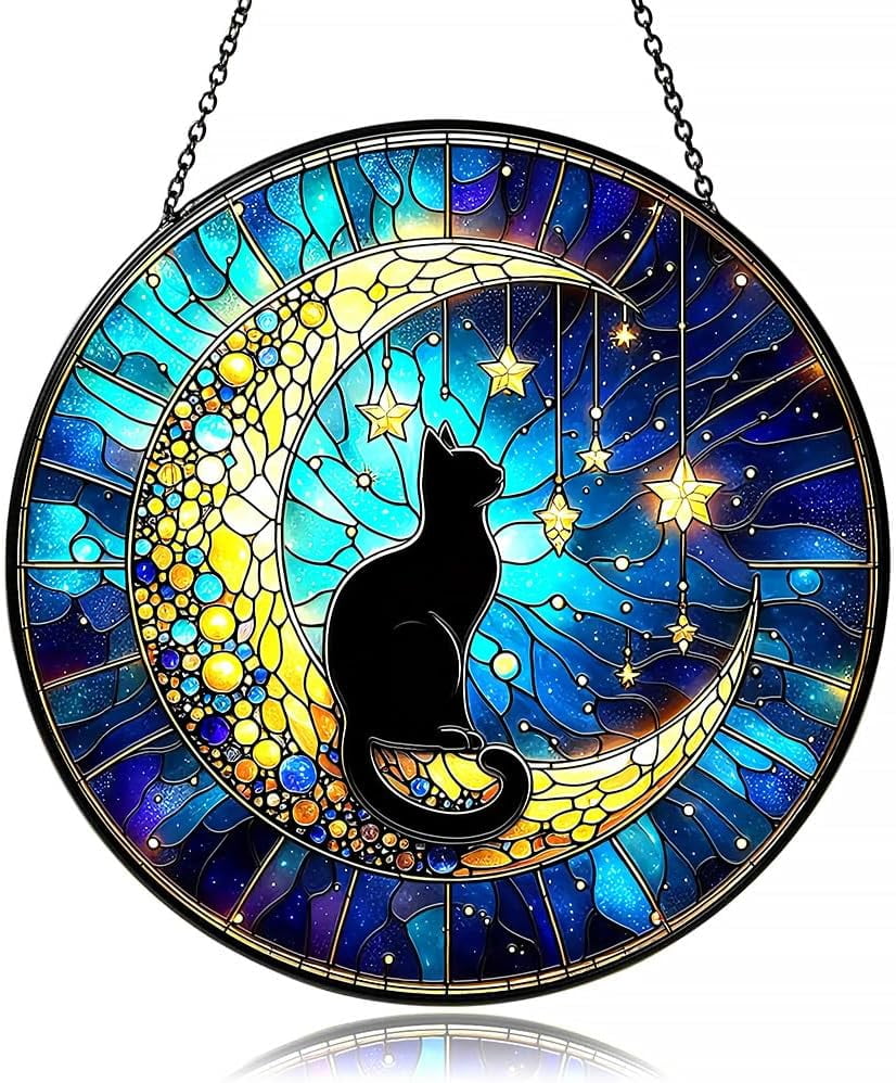 Midnight Black Cat on Moon Stained Glass Suncatcher - Celestial Window Hanging Decor for Feline ...