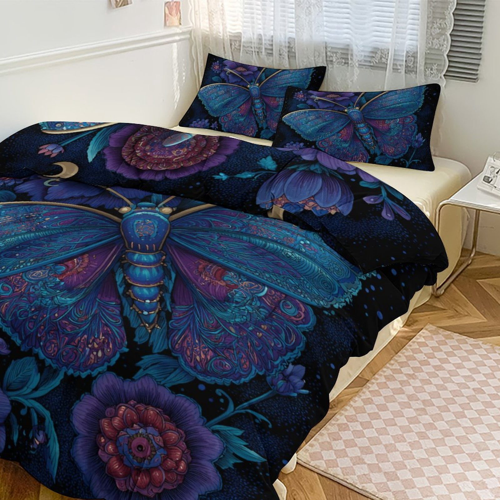 Midnight Blue Butterfly Floral Art Bedding Set with Zipper Closure for ...