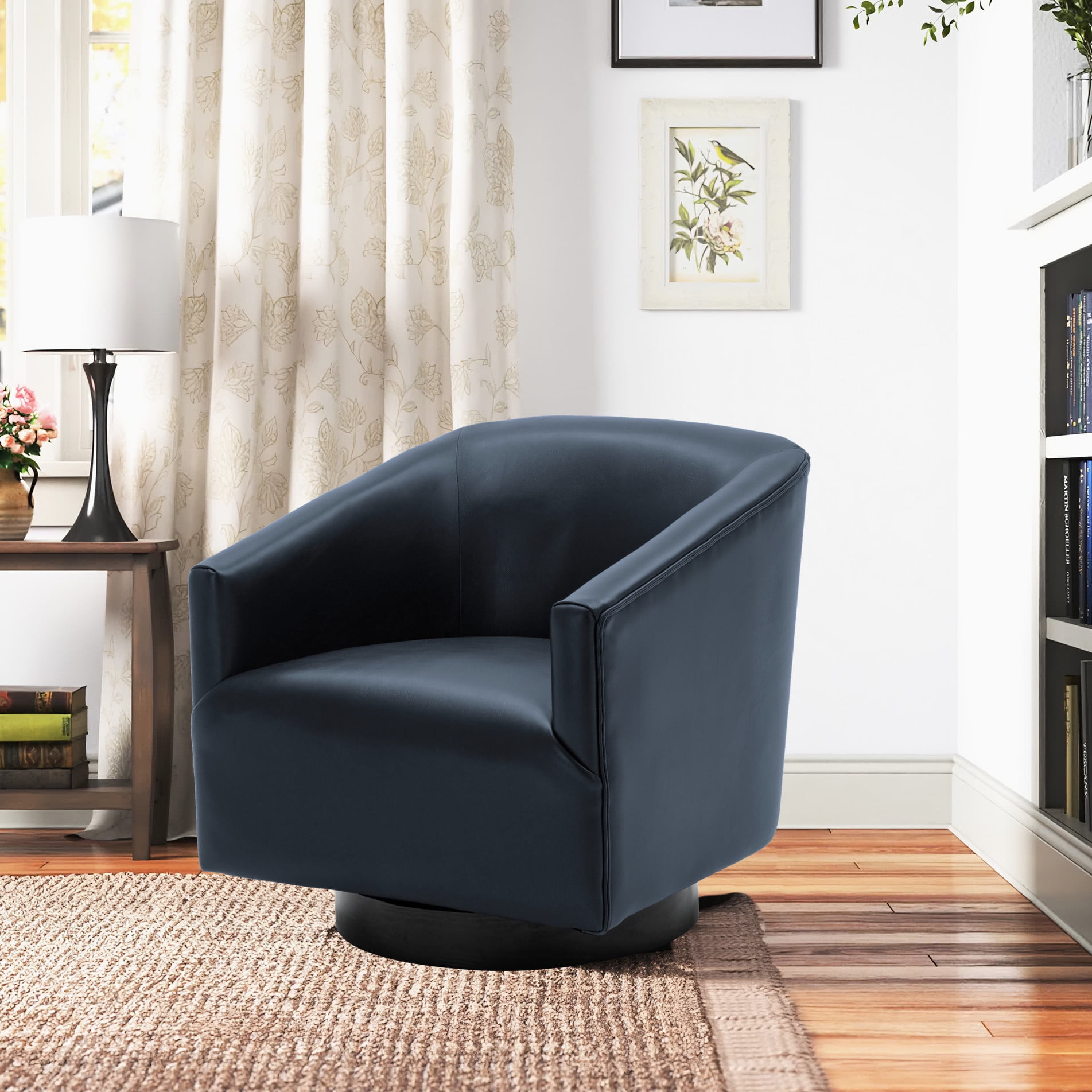 Midnight Blue Chair With Swivel Base - Faux Leather Upholstery ...