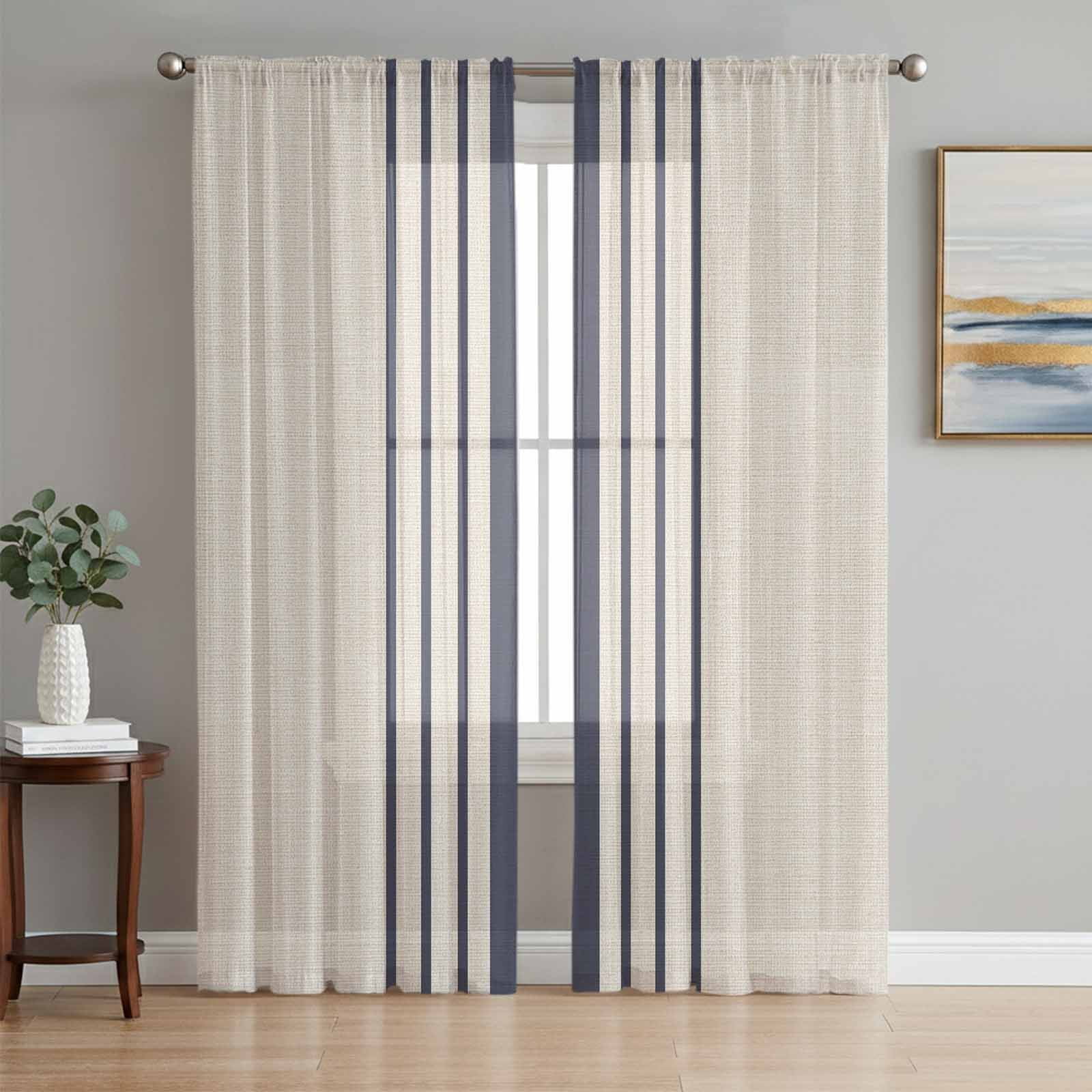 Midnight Blue Striped Semi Sheer Curtains 72 Inch Length 2 Panels Set ...