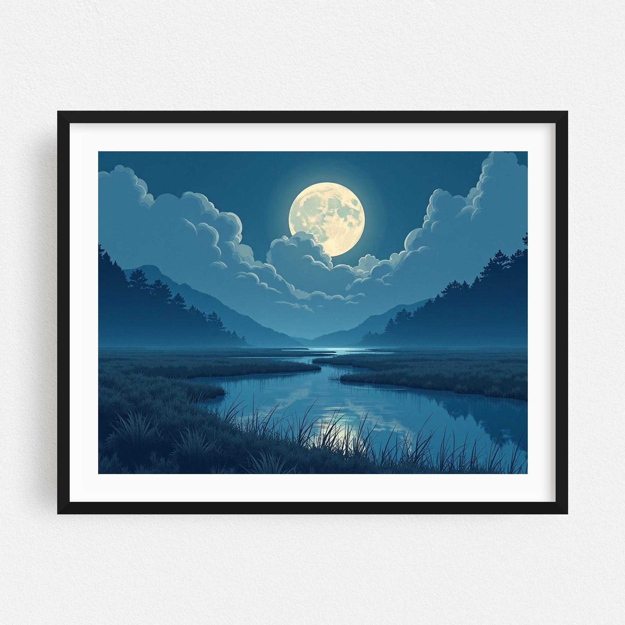 Midnight Serenity: A Full Moon's Glow Over a Calm River Winding Through ...