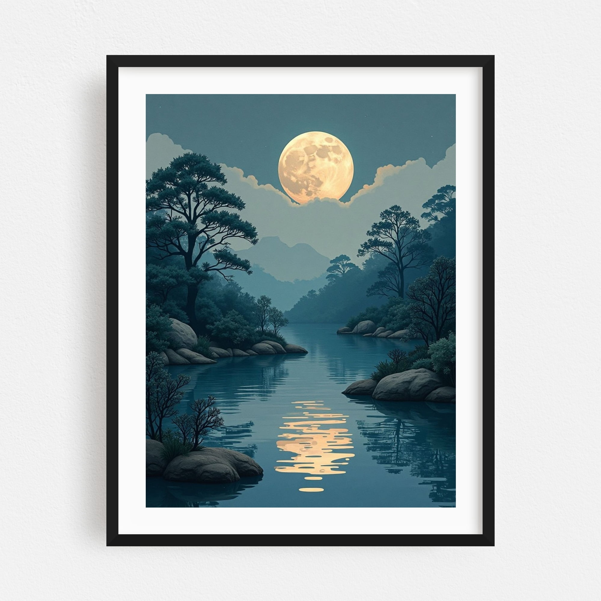 Midnight Serenity: A Luminous Full Moon Over a Whispering River - Digital Art Moon Night Sky ...
