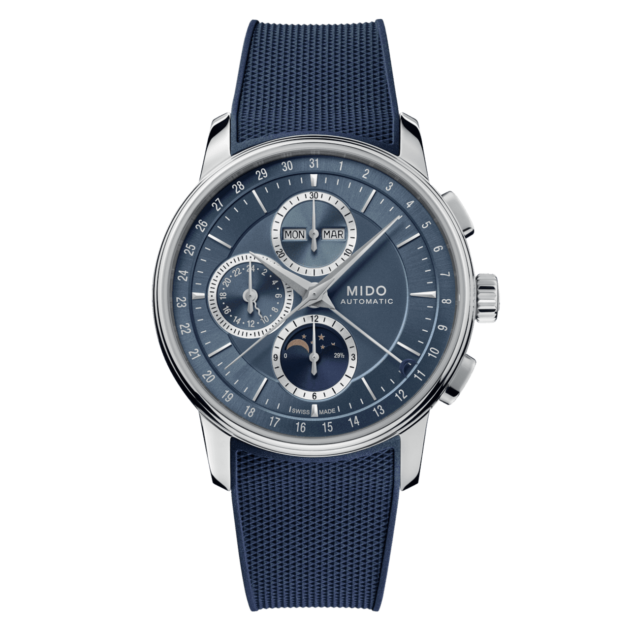 Mido Baroncelli Chronograph Moonphase Automatic Blue Dial Rubber Strap ...