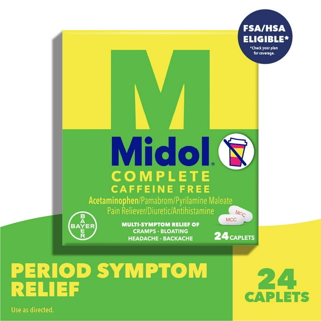 Midol Complete Caffeine Free Menstrual Pain Relief Caplets, 24 Count ...