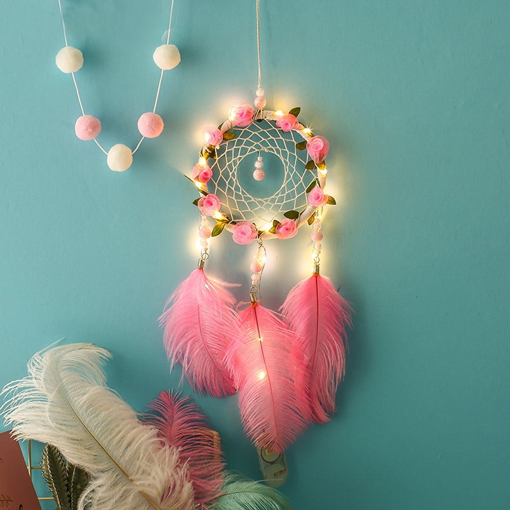 Midsumdr Boho Wall Art Shine Dream Catchers Round Pink Feathers Dream ...