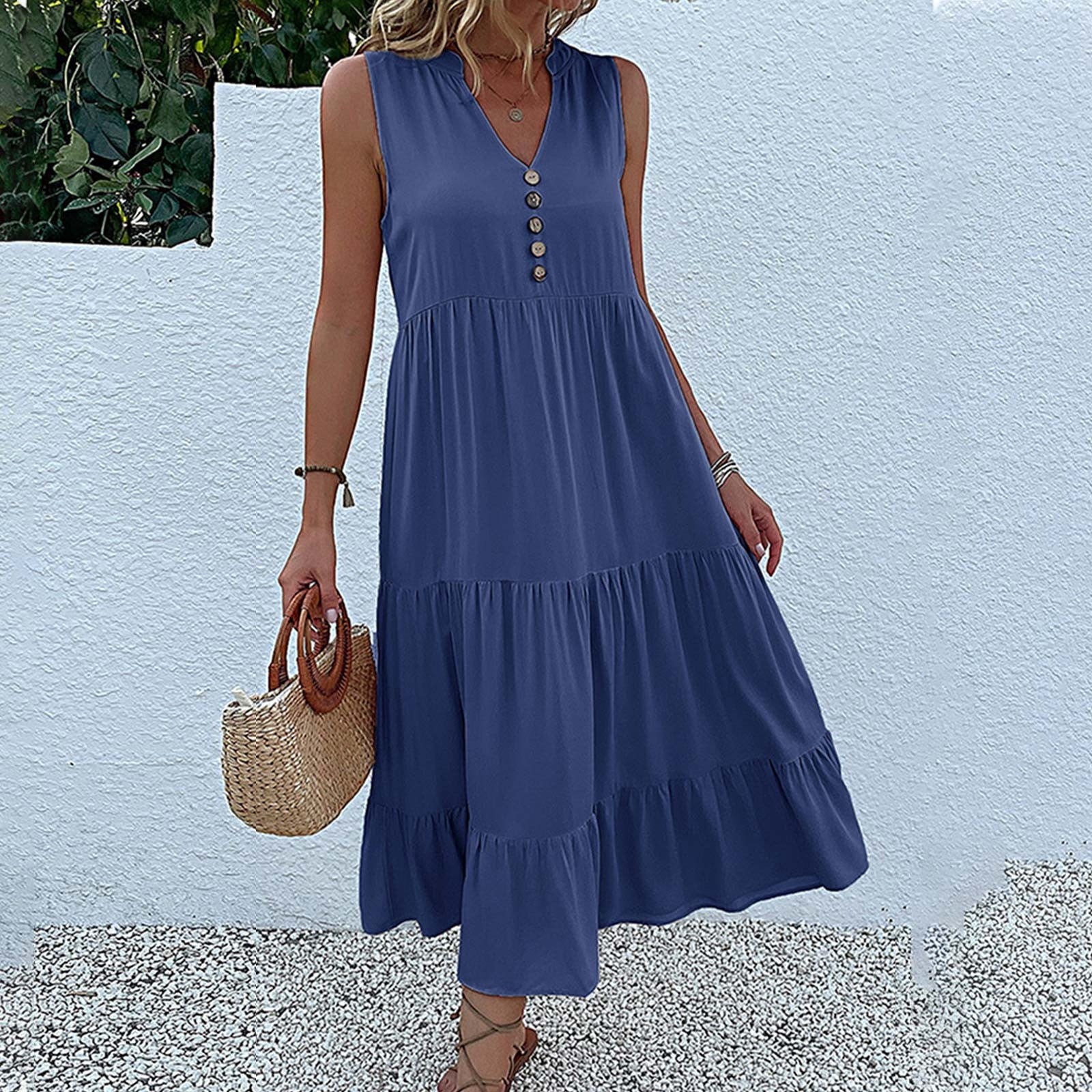 Midsumdr Sundresses for Women Casual Short Sleeve Buttons V Neck Tiered ...