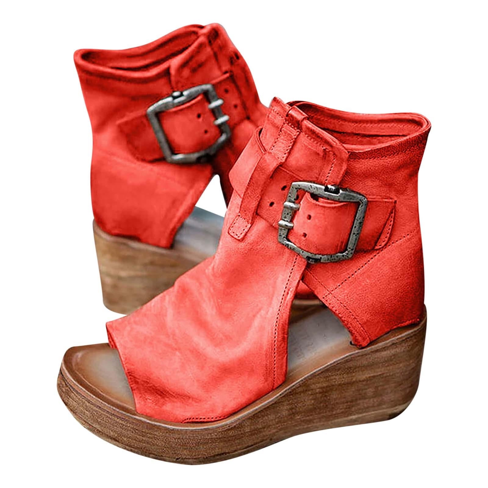 Midsumdr Wedge Sandals For Women High Top Leather Sandals Open Toe Boot ...