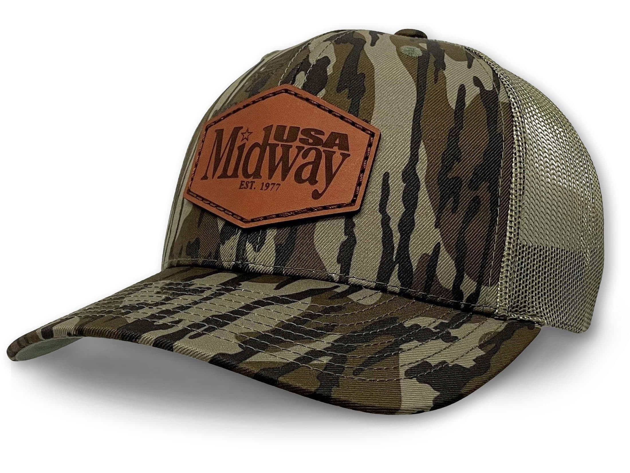 MidwayUSA Mens Richardson 112 Leather Patch Camo Trucker Hat Mossy Oak ...