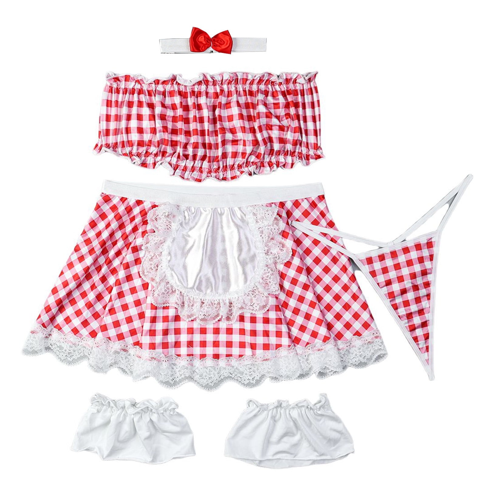 Midwennn Red Plaid Print Cute Dress Dress Sexy Underwear 6 Piece ...