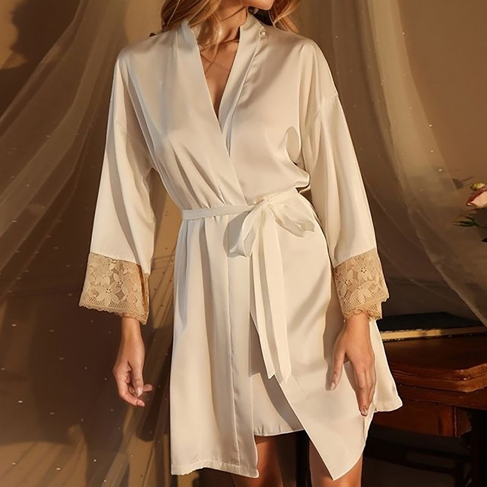 Midwennn Satin Deep V Neck Belted Long Sleeve Robe Nightgown for Women ...
