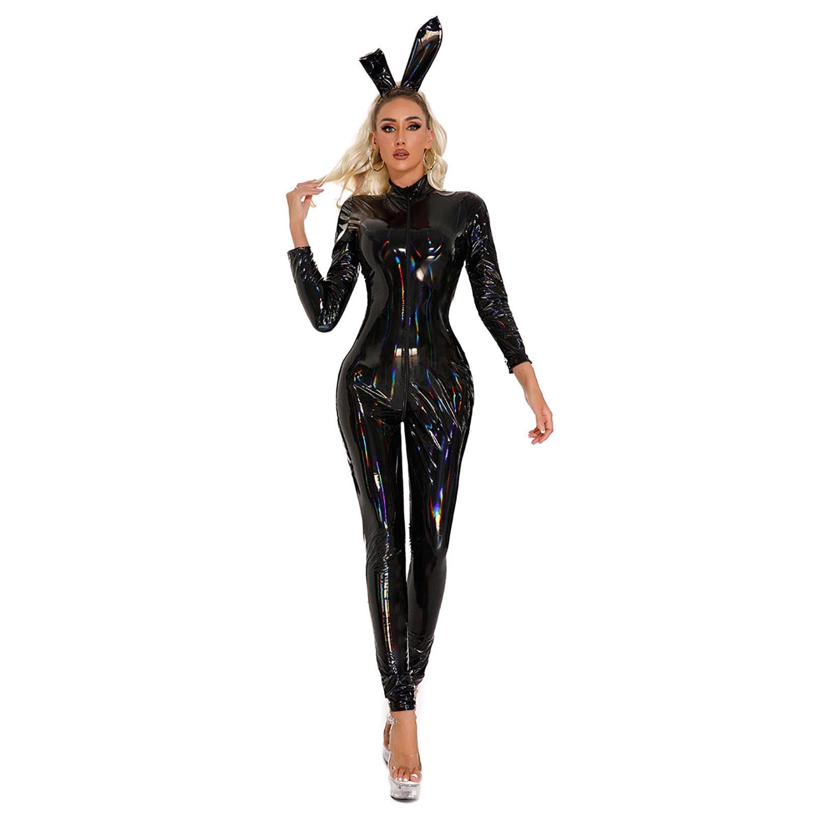 Midwennn Women Jumpsuit Open The Bunny Girl Leather Zipper Sparkly ...