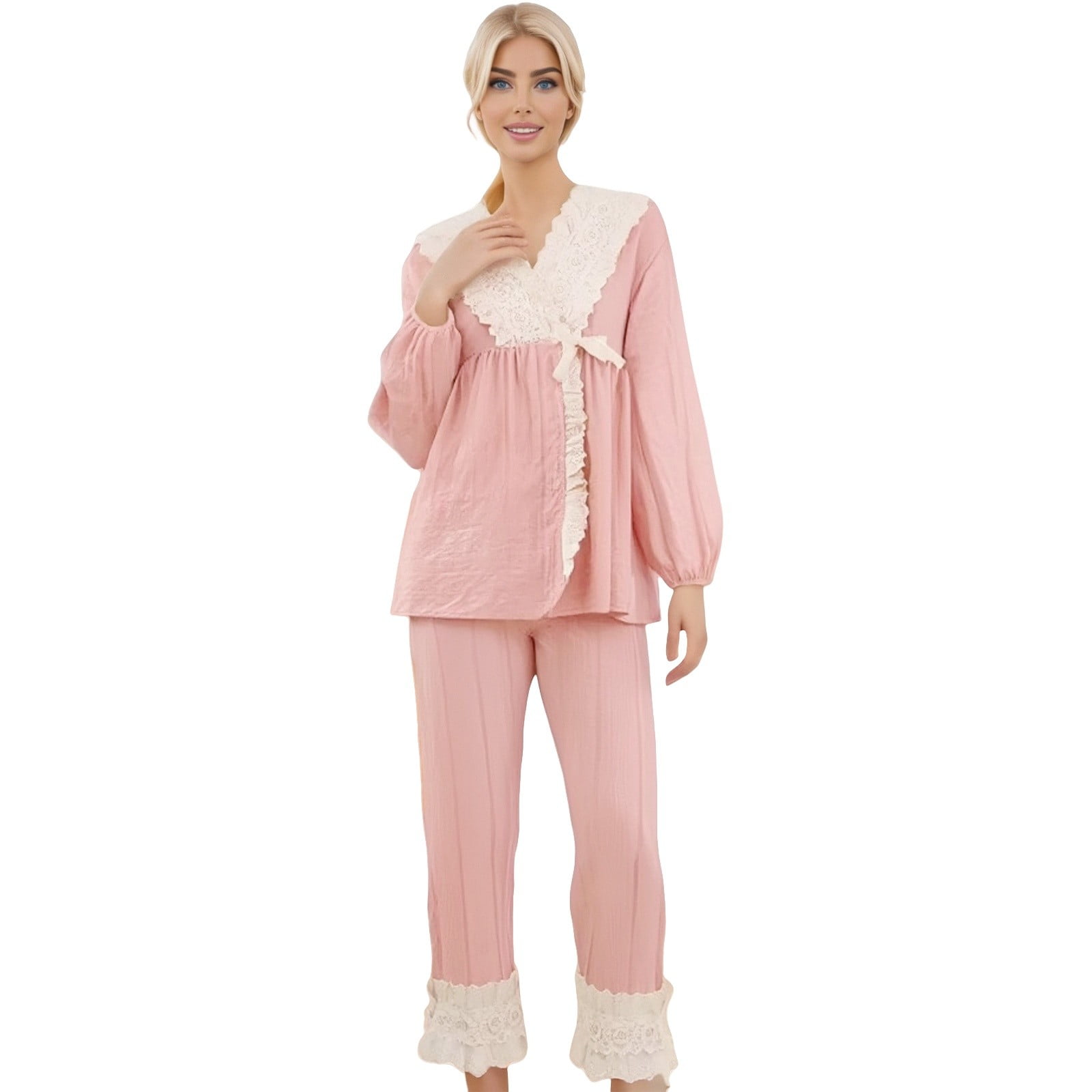 Midwennn Women's Jacquard Long Sleeve Pajamas Set Plus Size Loose Lace ...