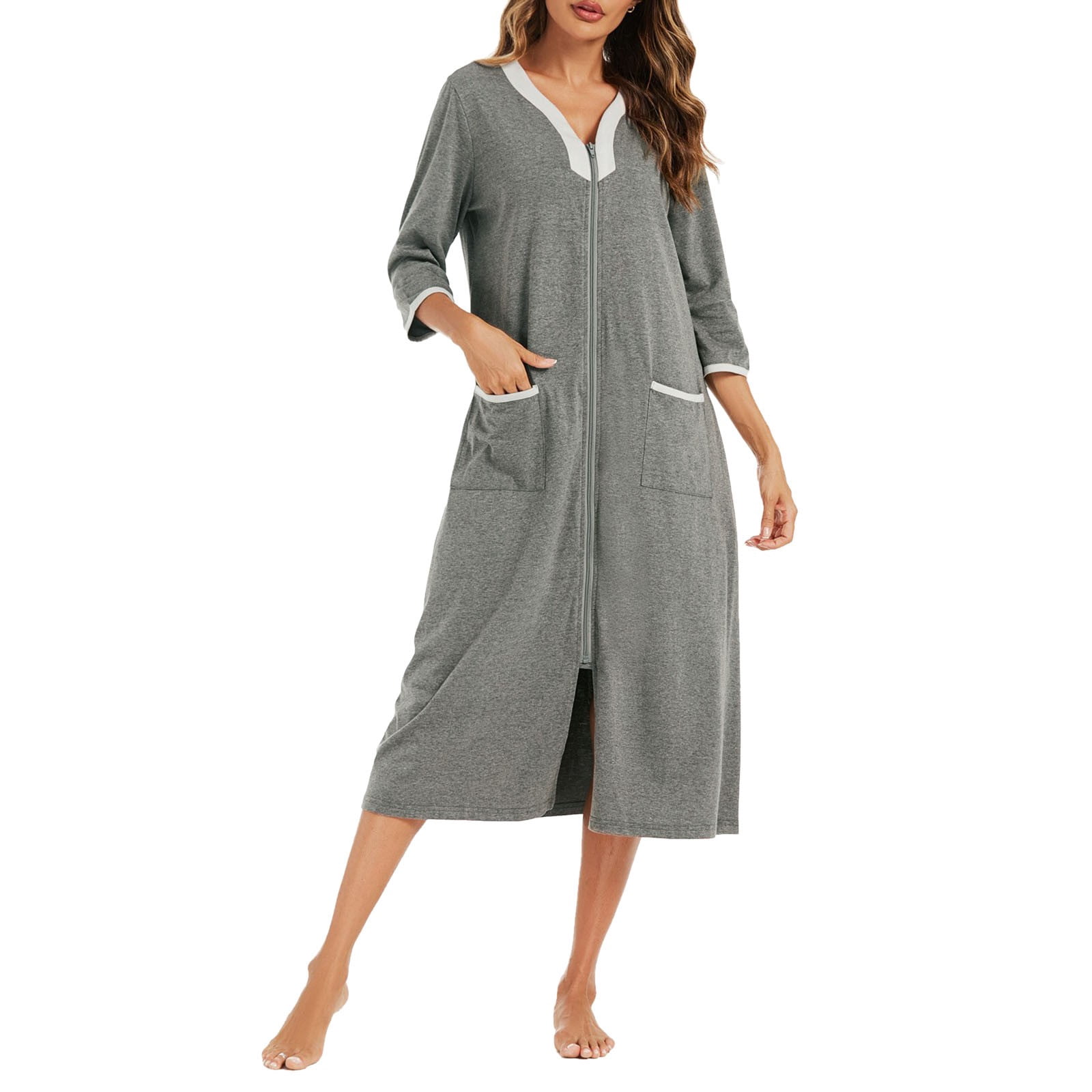 Midwennn Women's Zipper Front Robe 3/4 Sleeve Housecoat Calf Length ...