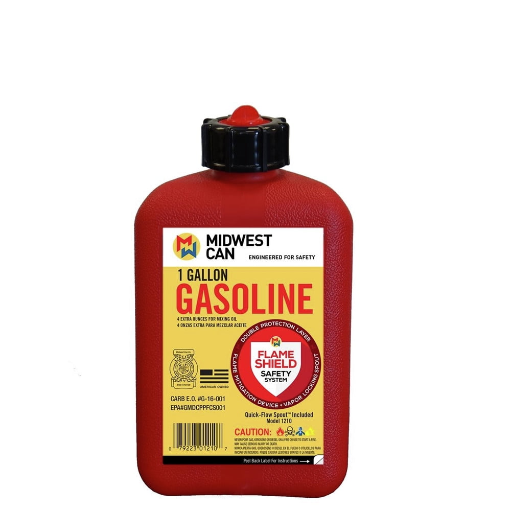 Midwest Can 1 Gallon Gasoline Container, Plastic Fuel Jug with Safety ...