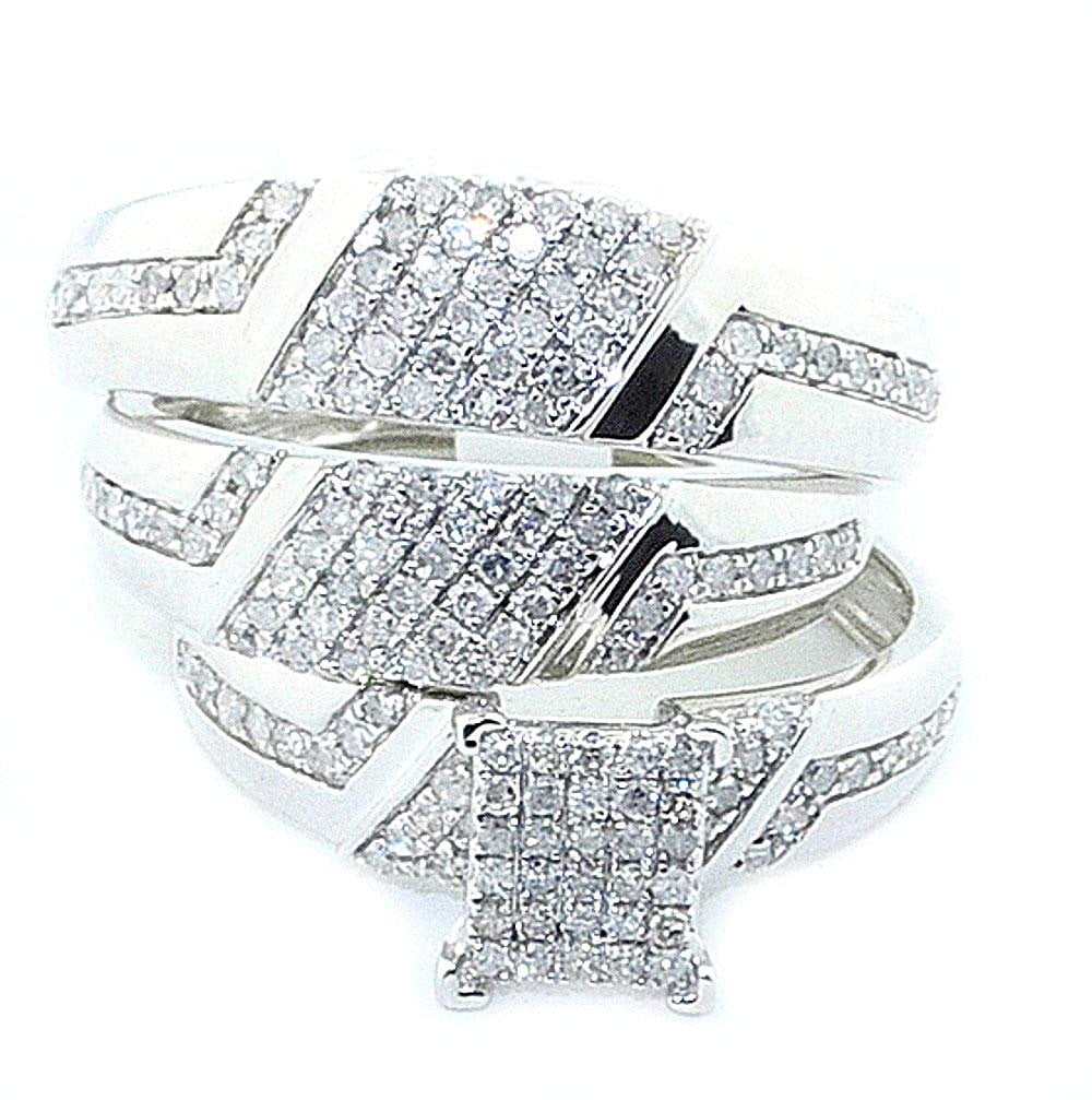 Midwest Jewellery His and Her Trio Rings Set 10k White Gold 3/4cttw ...