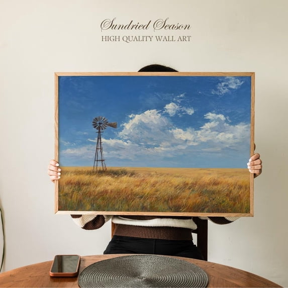 Midwestern Prairie Rustic Windmill Blue Sky Golden Field Western ...