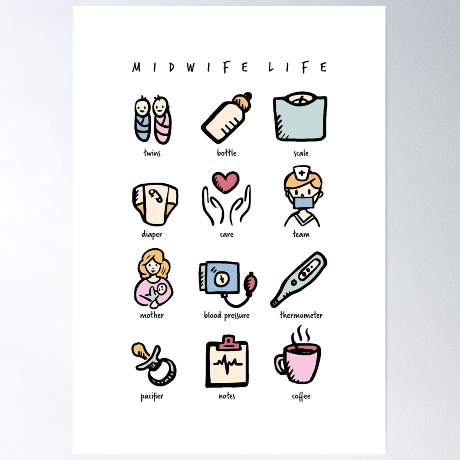 Midwife Life Cute Doodles Poster Wall Art, Modern Wall Decor, 8x12 ...