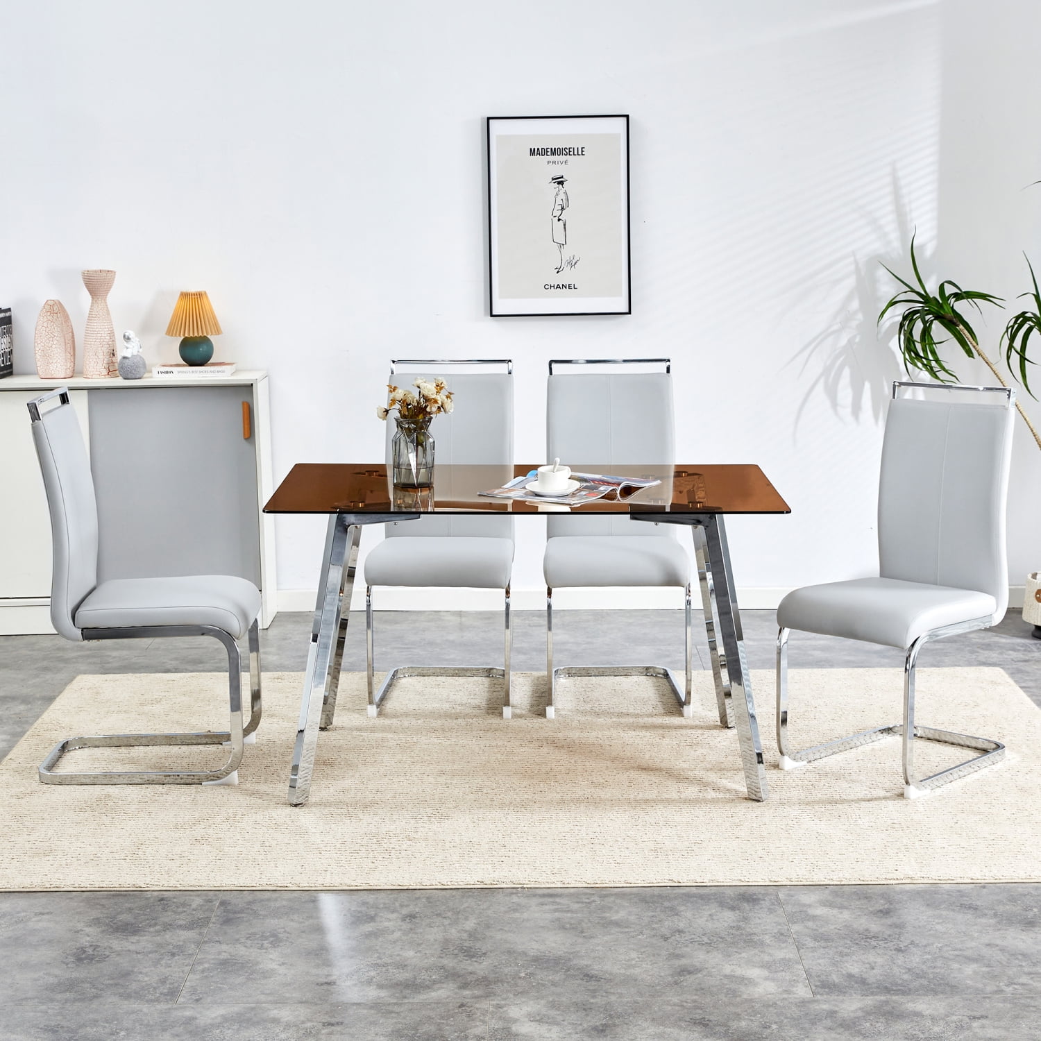 Miekor 1 table and 4 chairs, brown tempered glass tabletop and silver ...