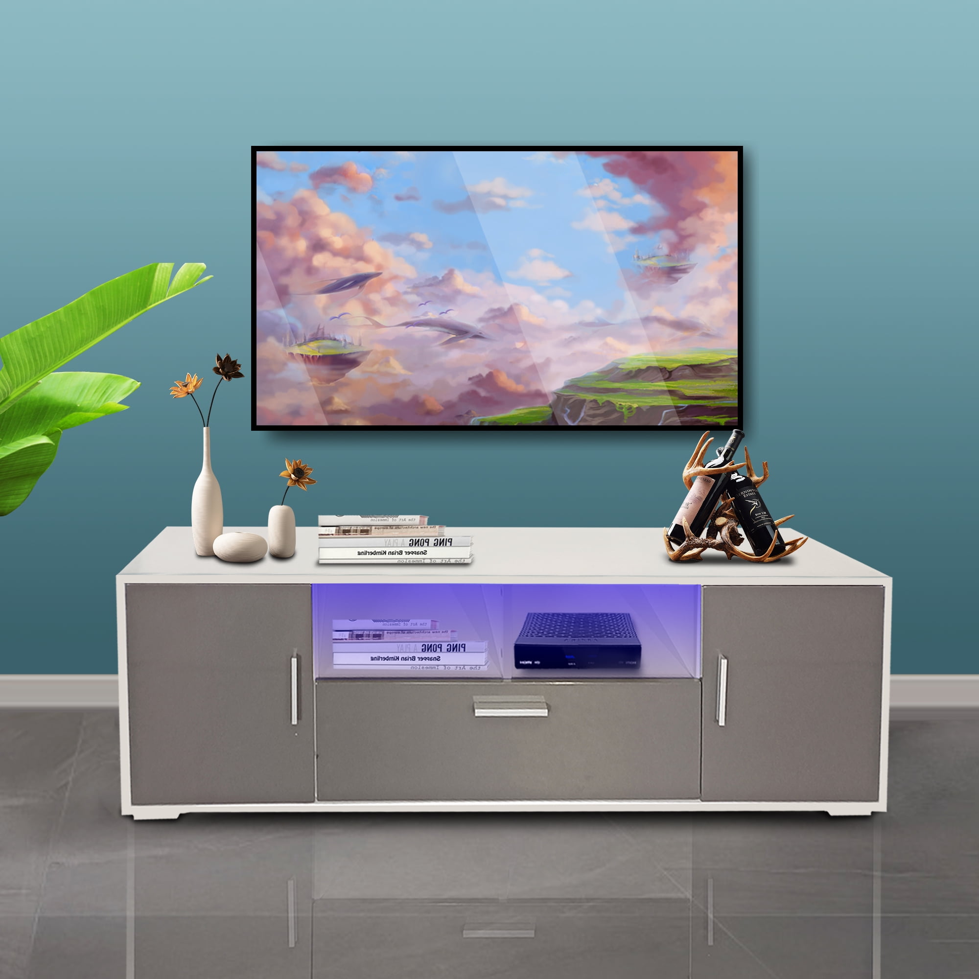 Miekor 63'' Modern LED TV Stand Console High Glossy Front TV Cabinet ...
