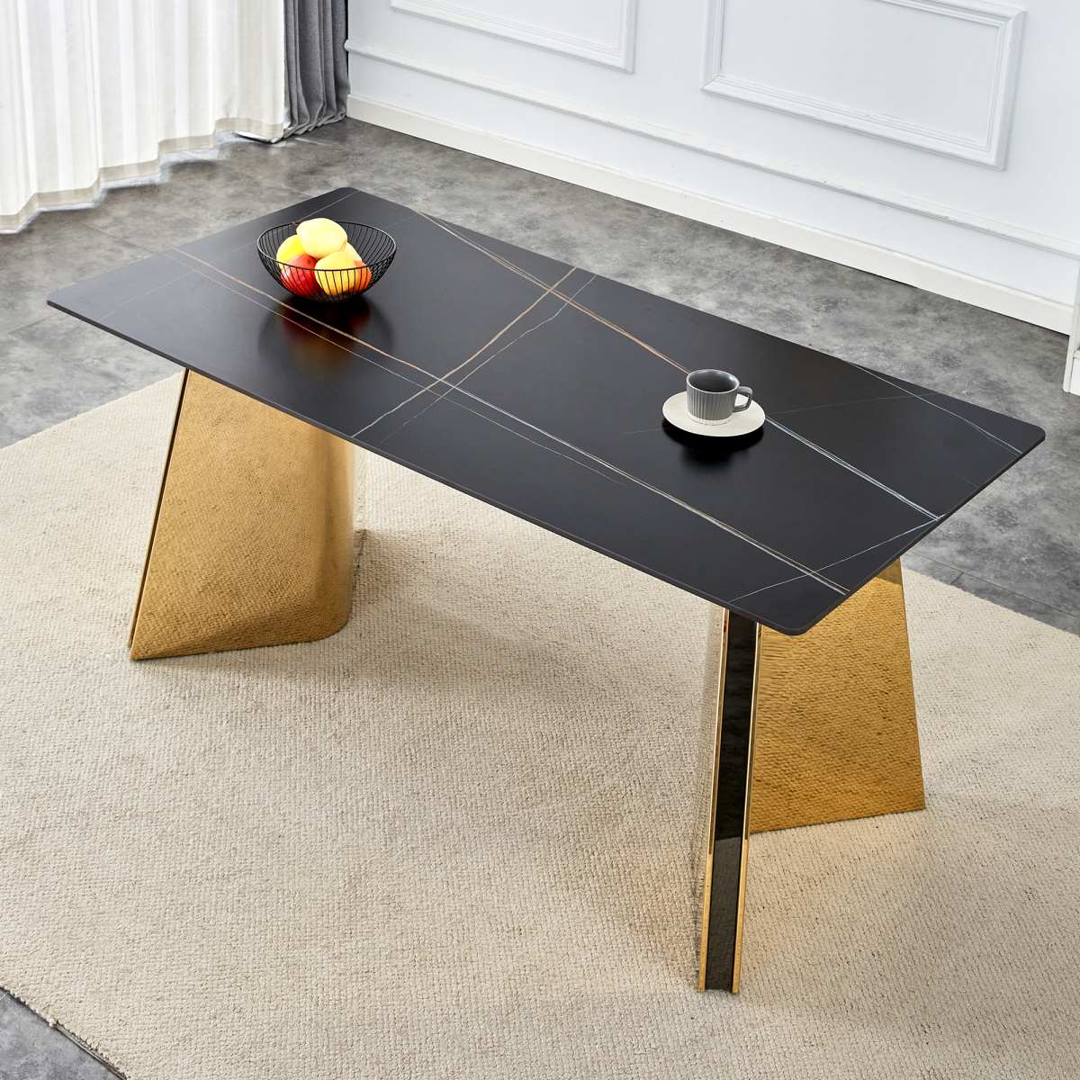 Miekor 63"x31.5x30" Black Marble-Patterned Slab Dining Table with ...