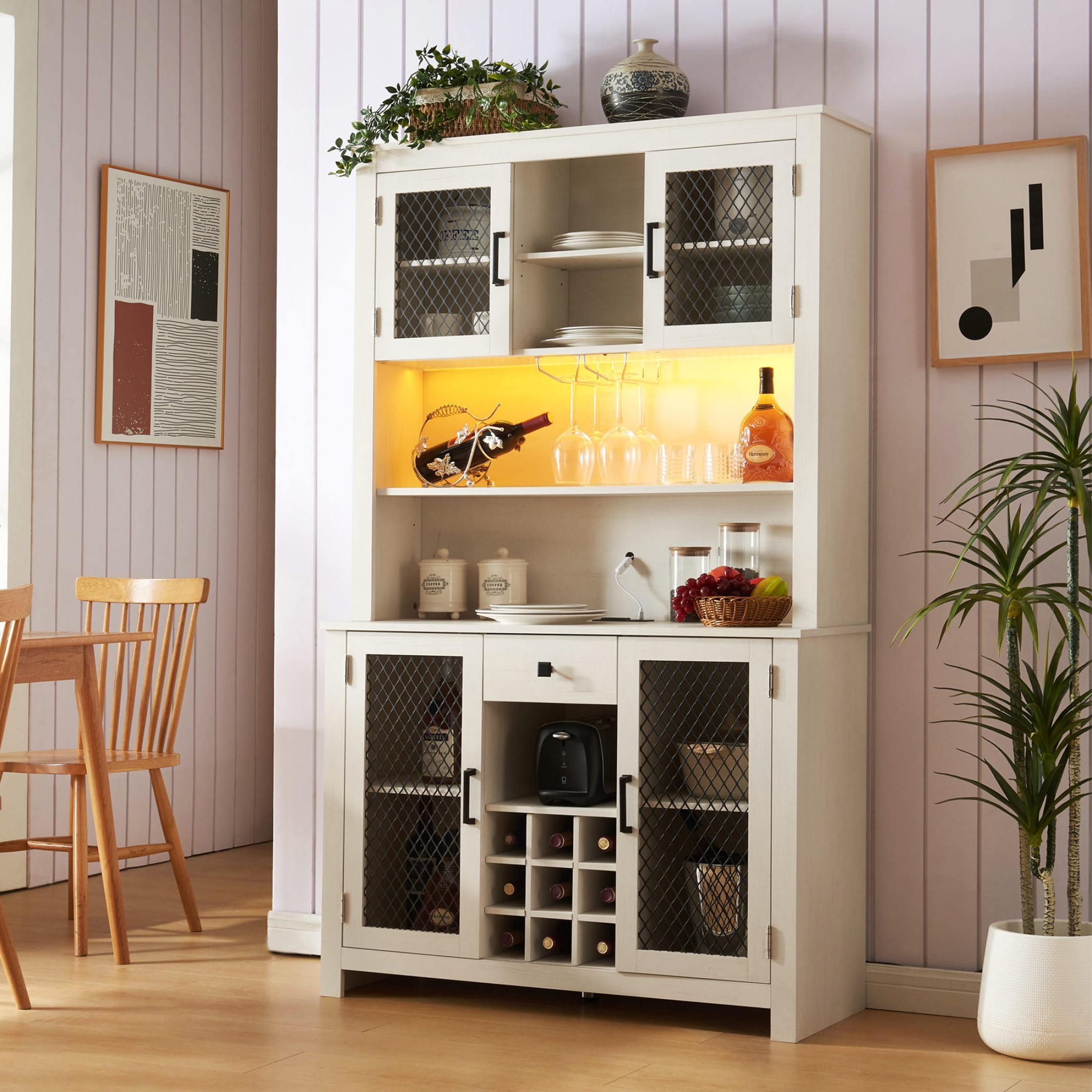 Miekor Farmhouse Coffee Bar Cabinet with LED Lights and Outlets with ...