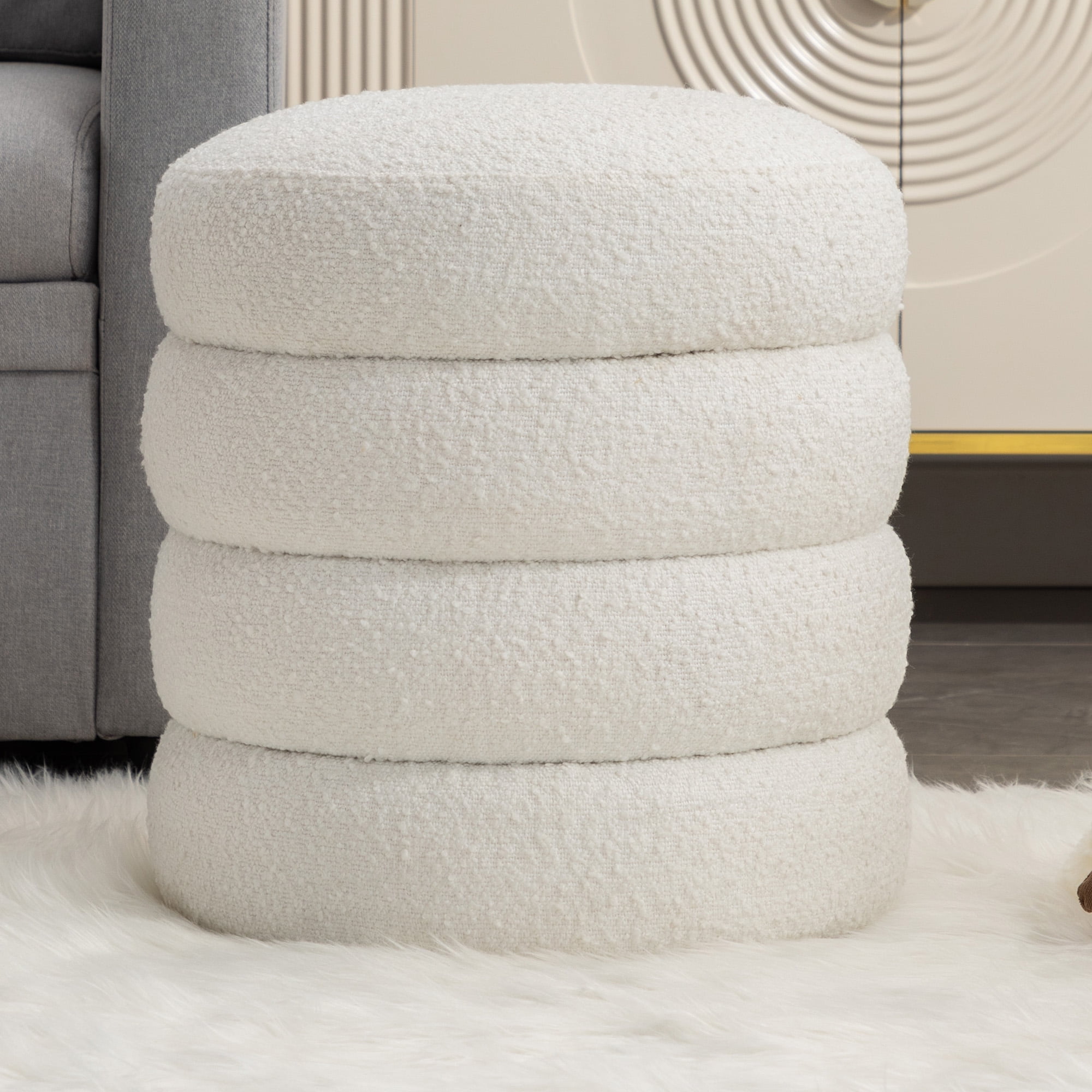 Miekor Furniture 006-Soft Boucle Round Ottoman Footrest Stool,White ...