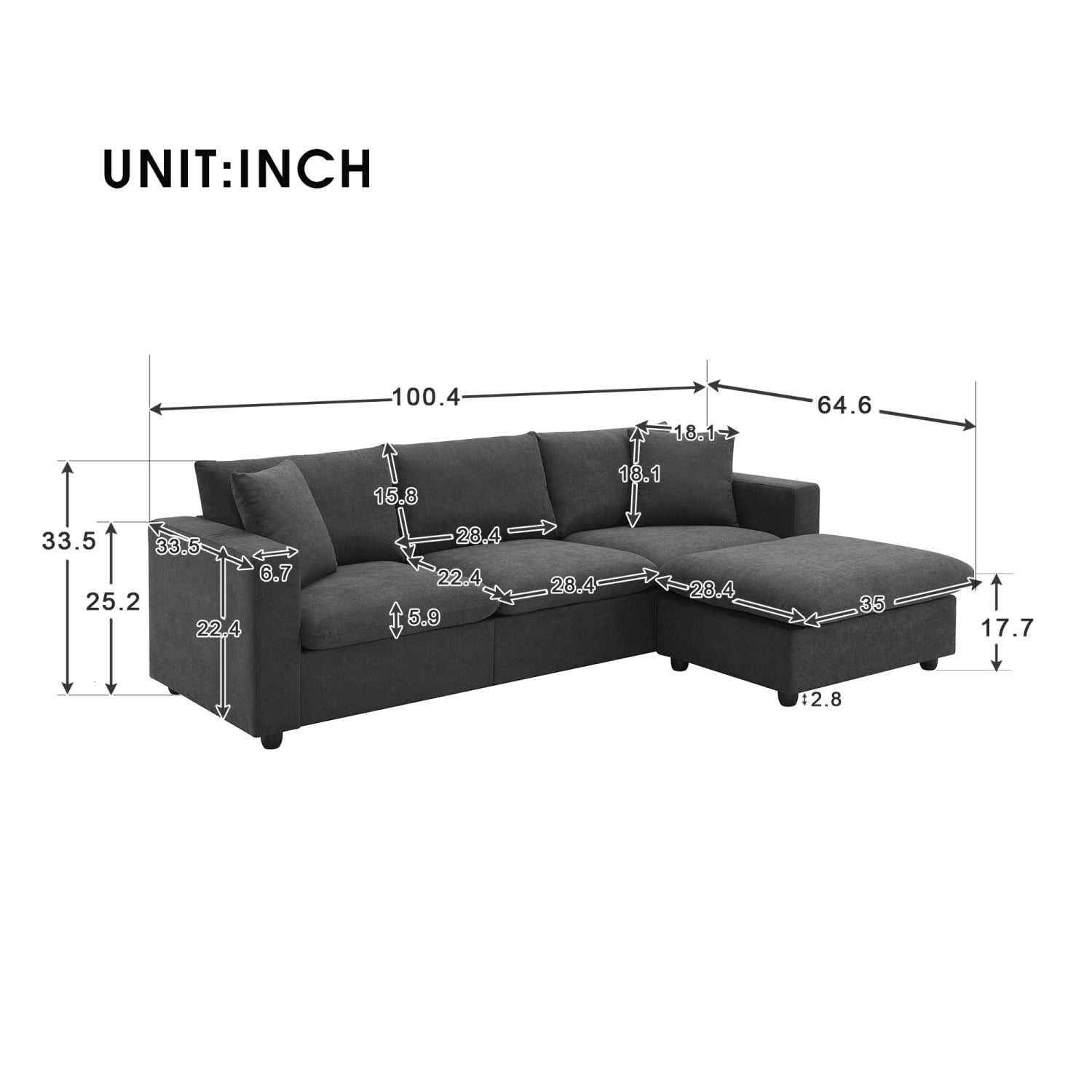 Miekor Furniture 100.4*64.6" Modern Sectional Sofa,L-shaped Couch Set with 2 Free pillows,4-seat ...