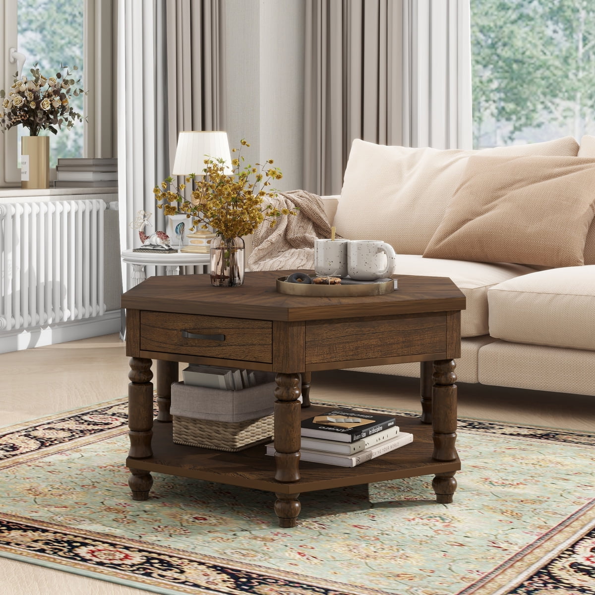 Miekor Furniture 2 Tier Retro Hexagon Living Room Solid Wood Coffee ...