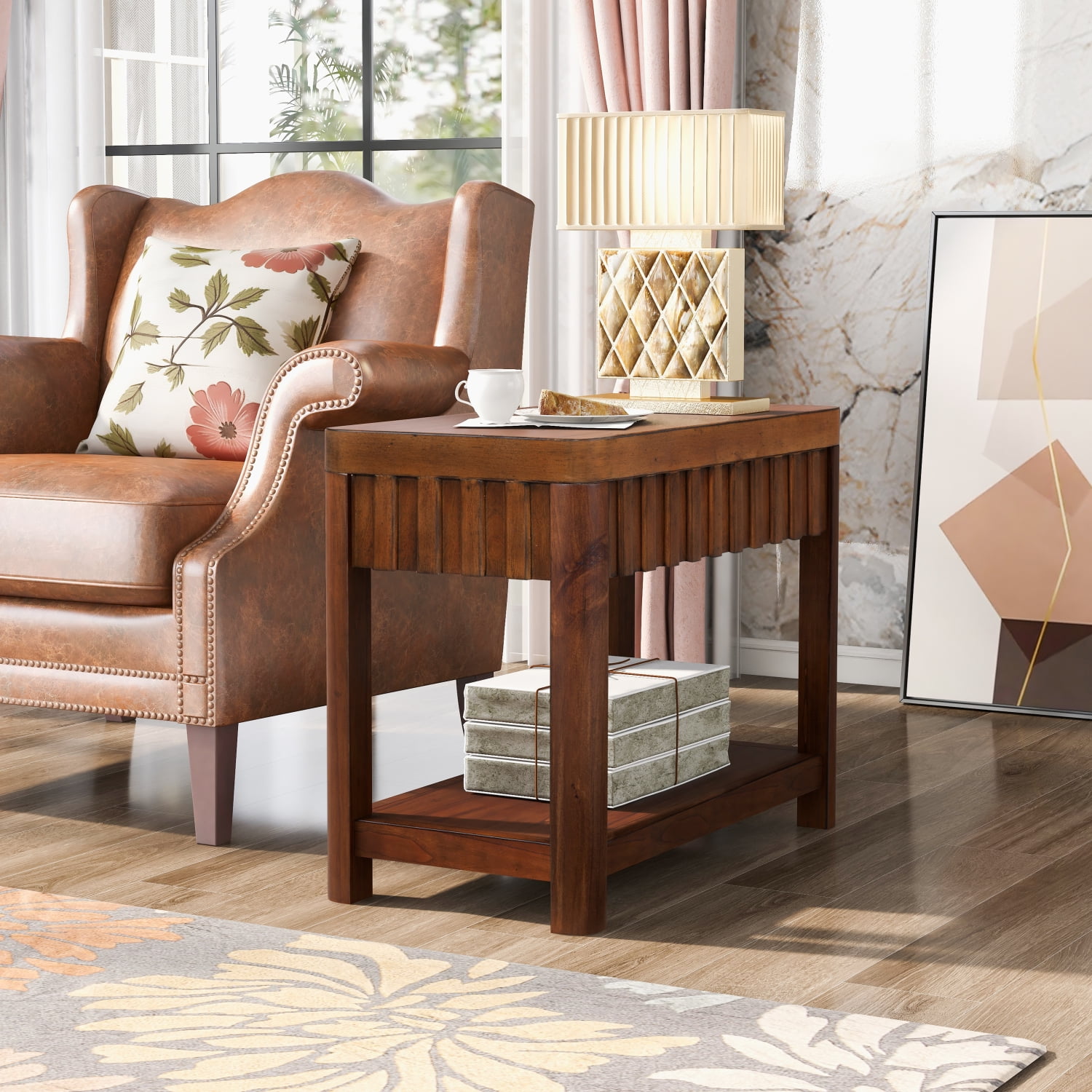 Miekor Furniture 25" Rectangular Farmhouse End Table with Storage Shelf ...
