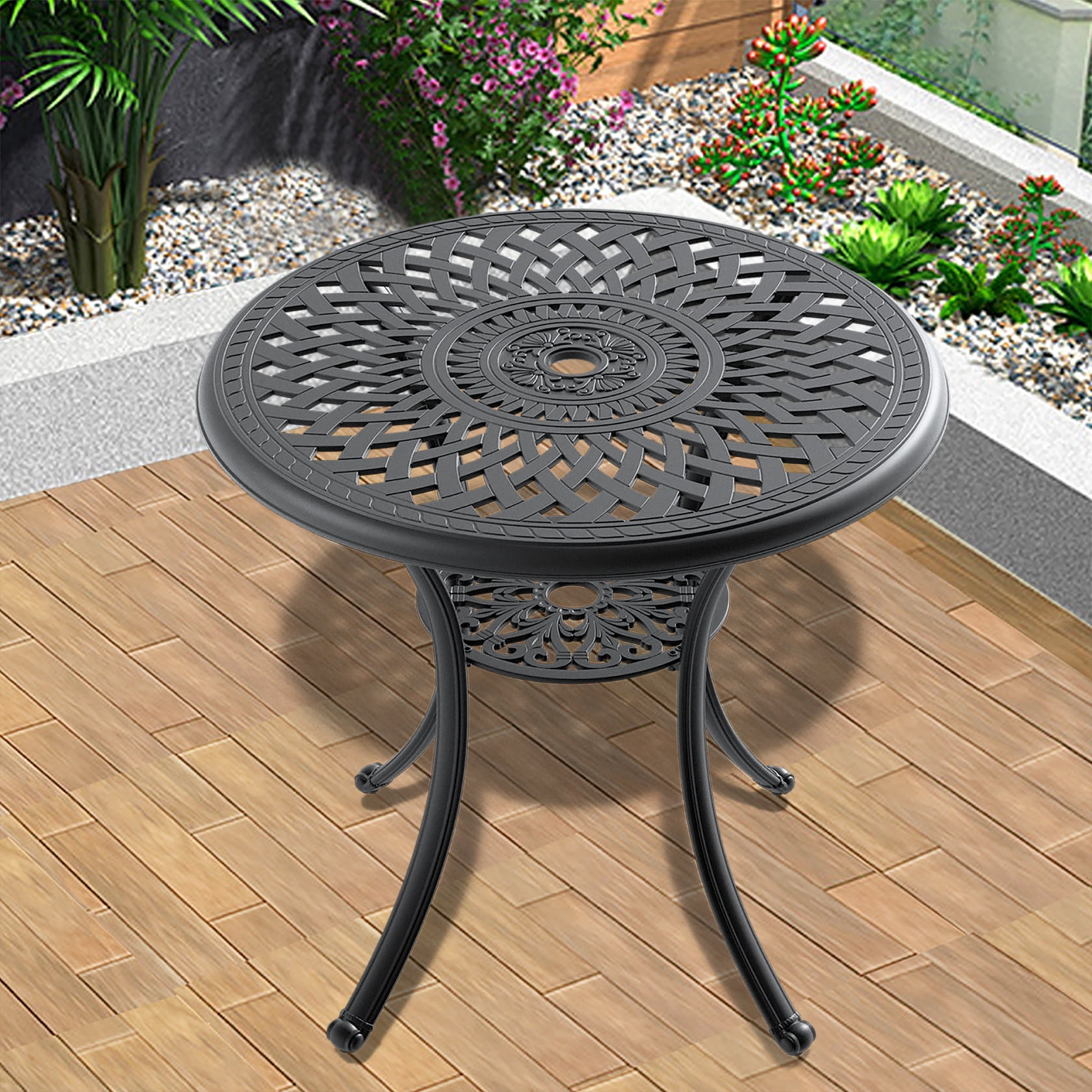 Miekor Furniture Ø30.71-inch Cast Aluminum Patio Dining Table With Black Frame and Umbrella Hole ...
