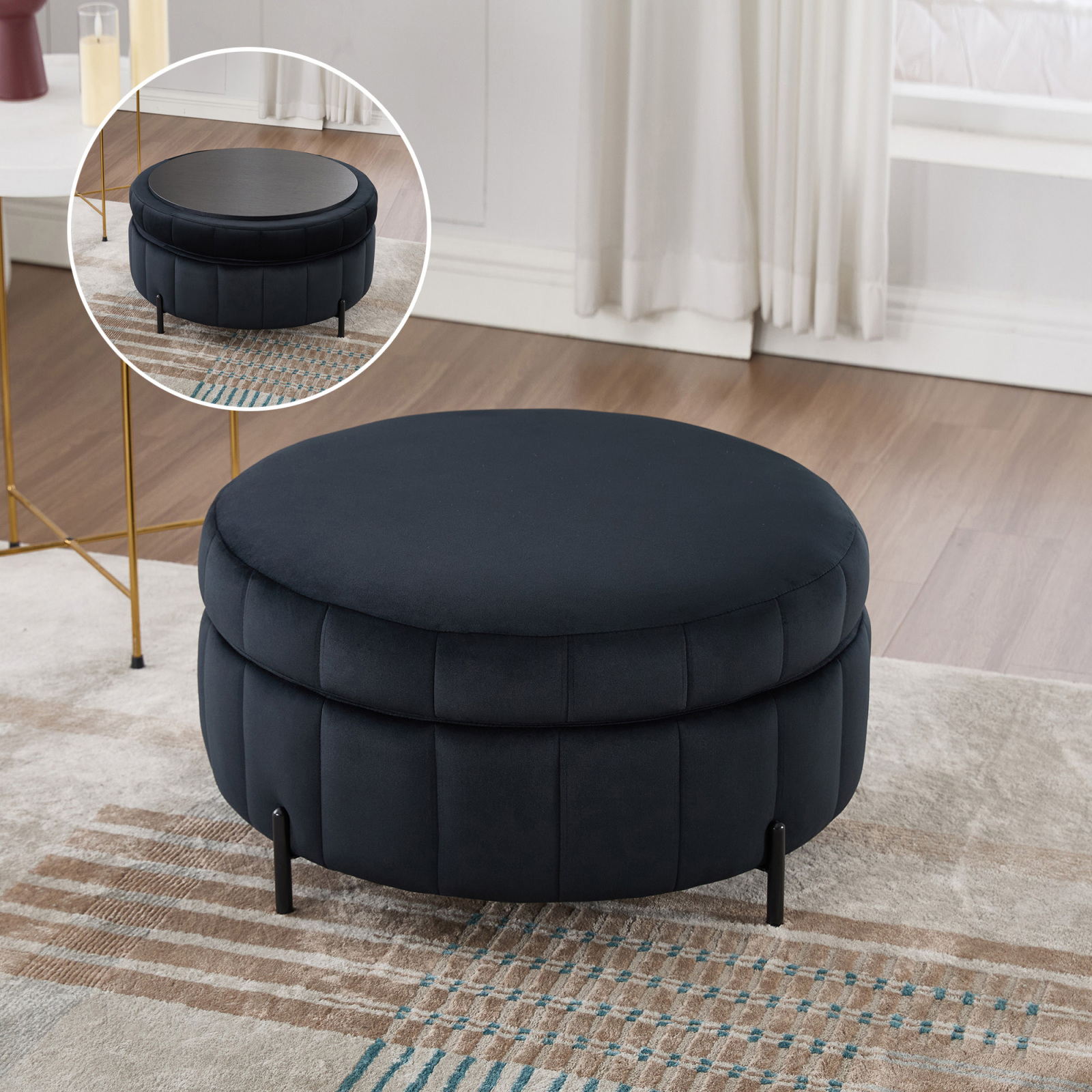 Miekor Furniture 31.5"W Upholstered Round Ottoman With Reversible Lid ...