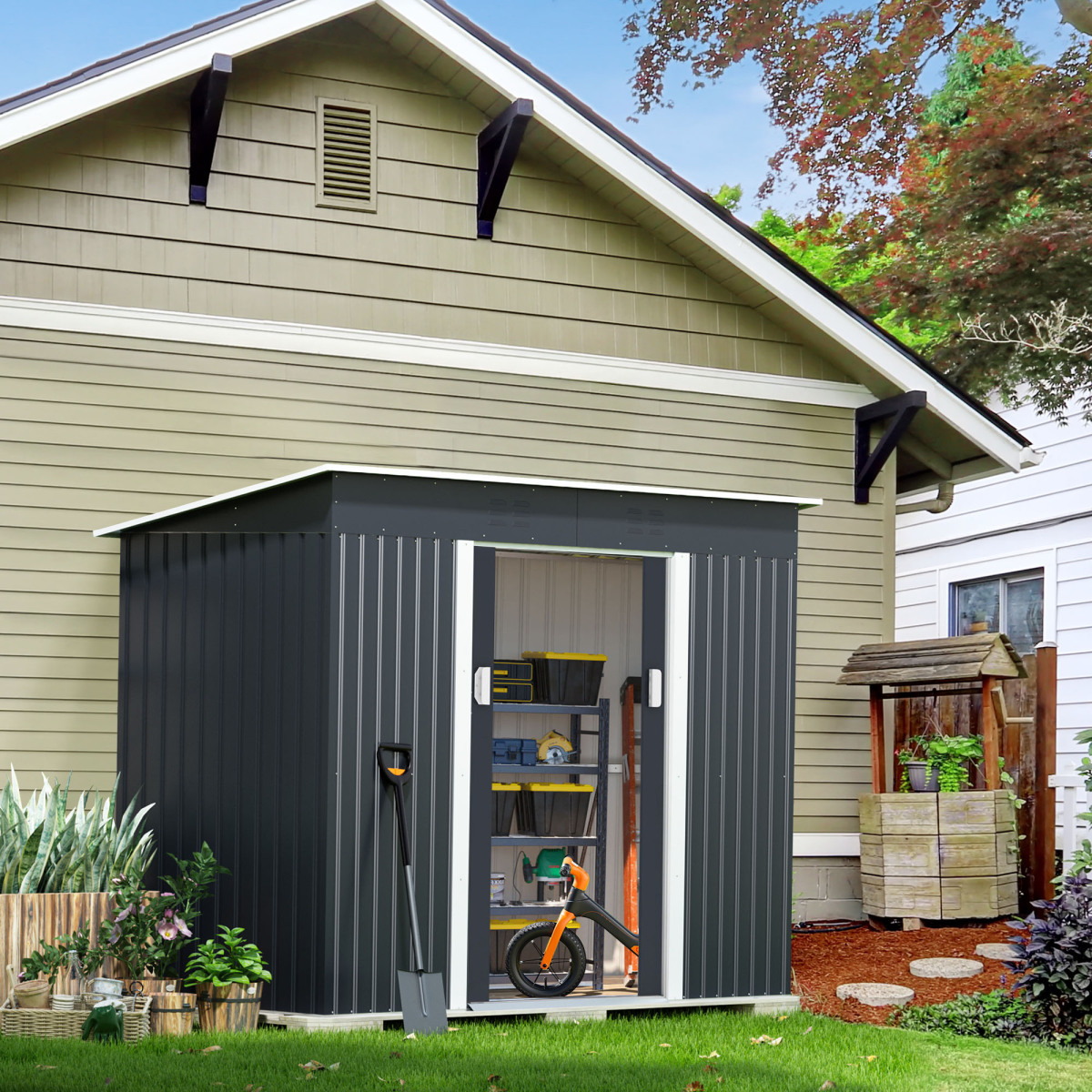 Miekor Furniture 4.2 x 9.1 Ft Outdoor Storage Shed, Metal Tool Shed with Lockable Doors Vents ...