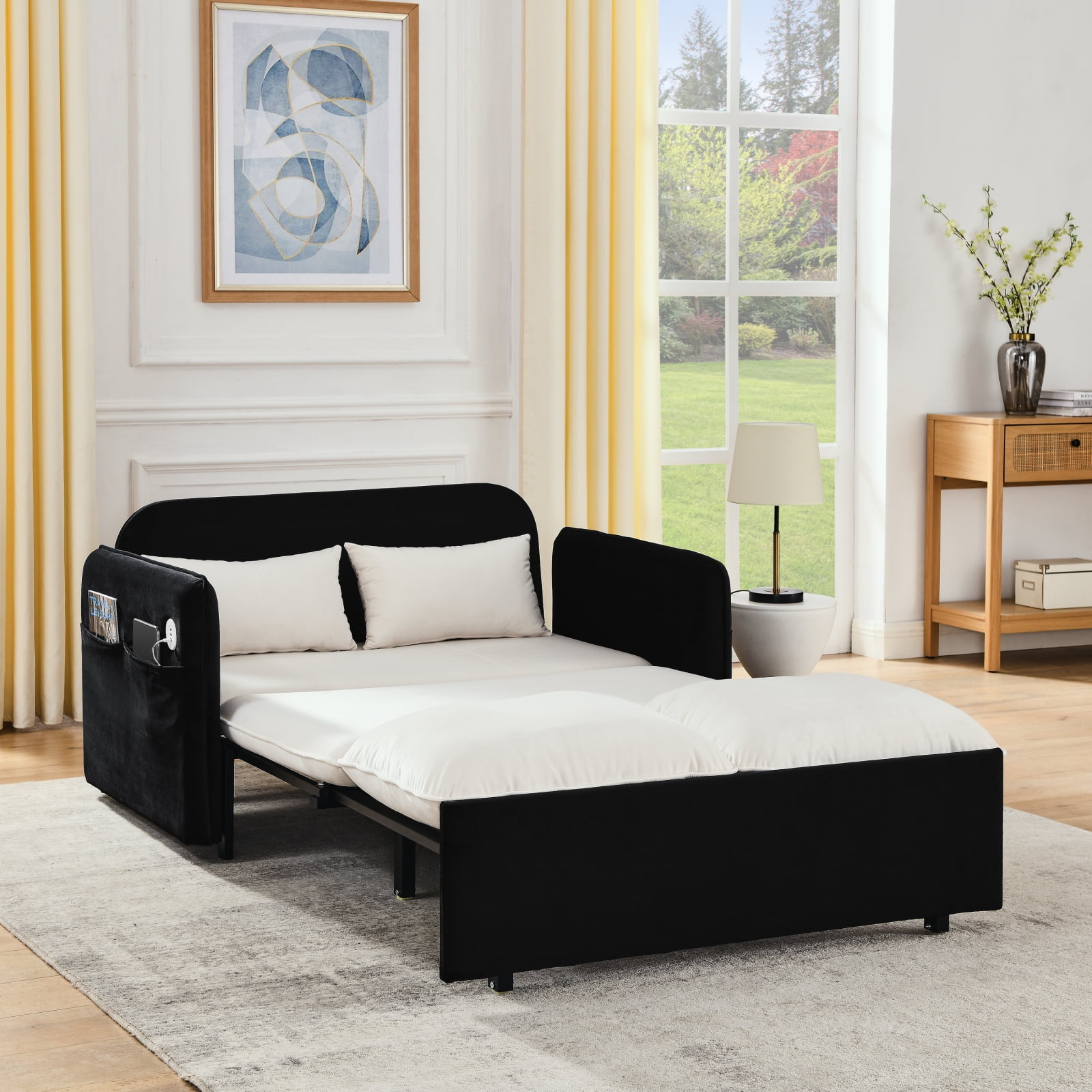 Miekor Furniture 53" Modern Convertible Sofa Bed w/2 Removable Armrests w/USB Power Port, Velvet ...