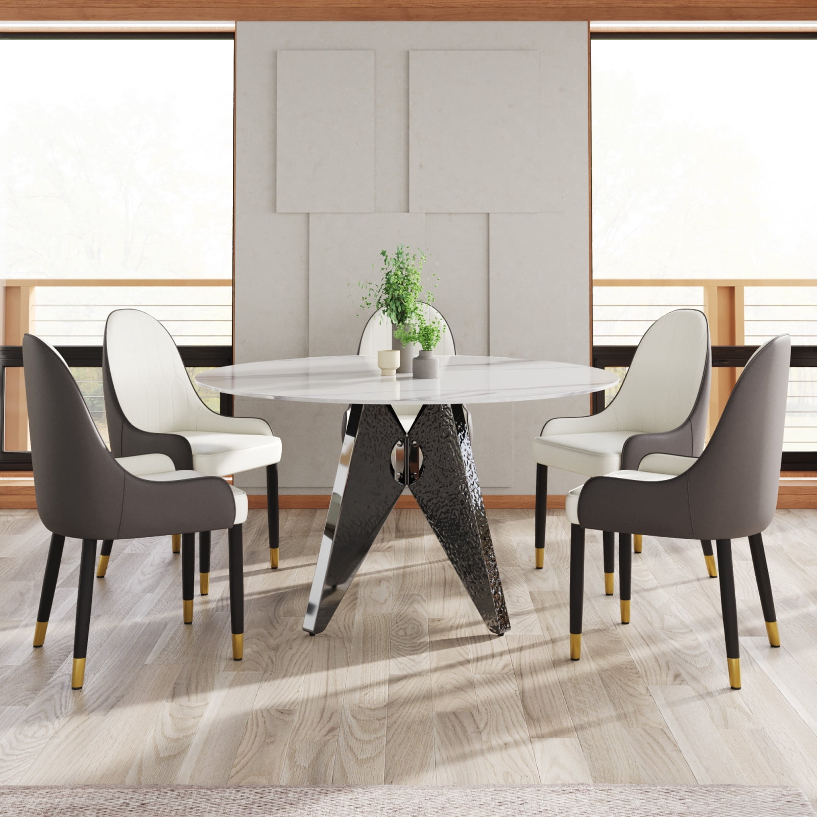 Miekor Furniture 53" Round Marble Dining Table with Silver Stainless ...