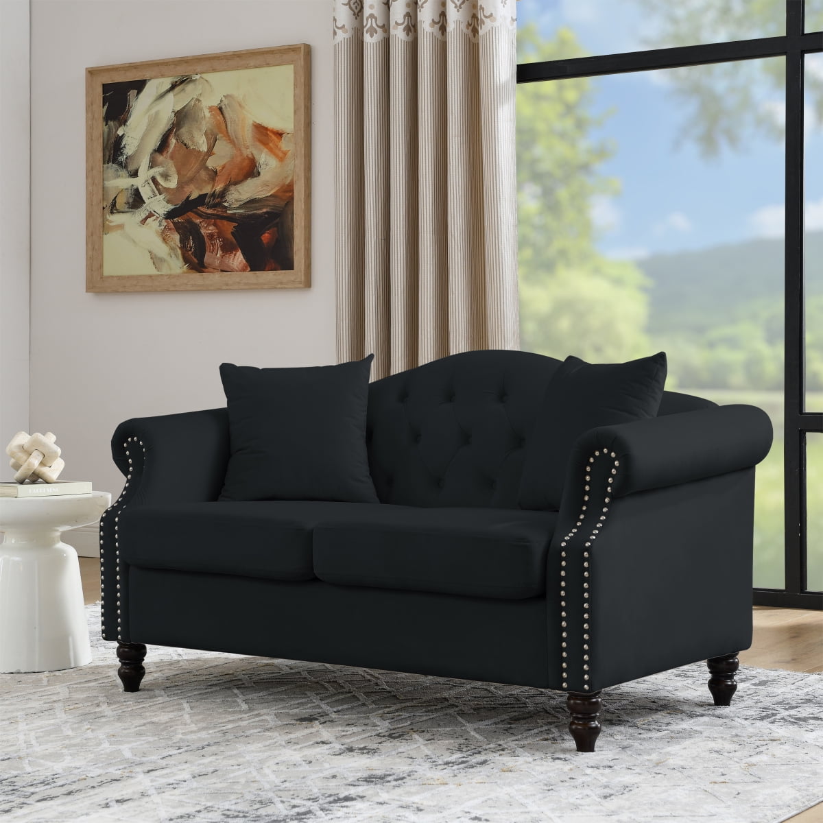 Miekor Furniture 57" Chesterfield Sofa Black Velvet for Living Room, 2 Seater Sofa Tufted Couch ...