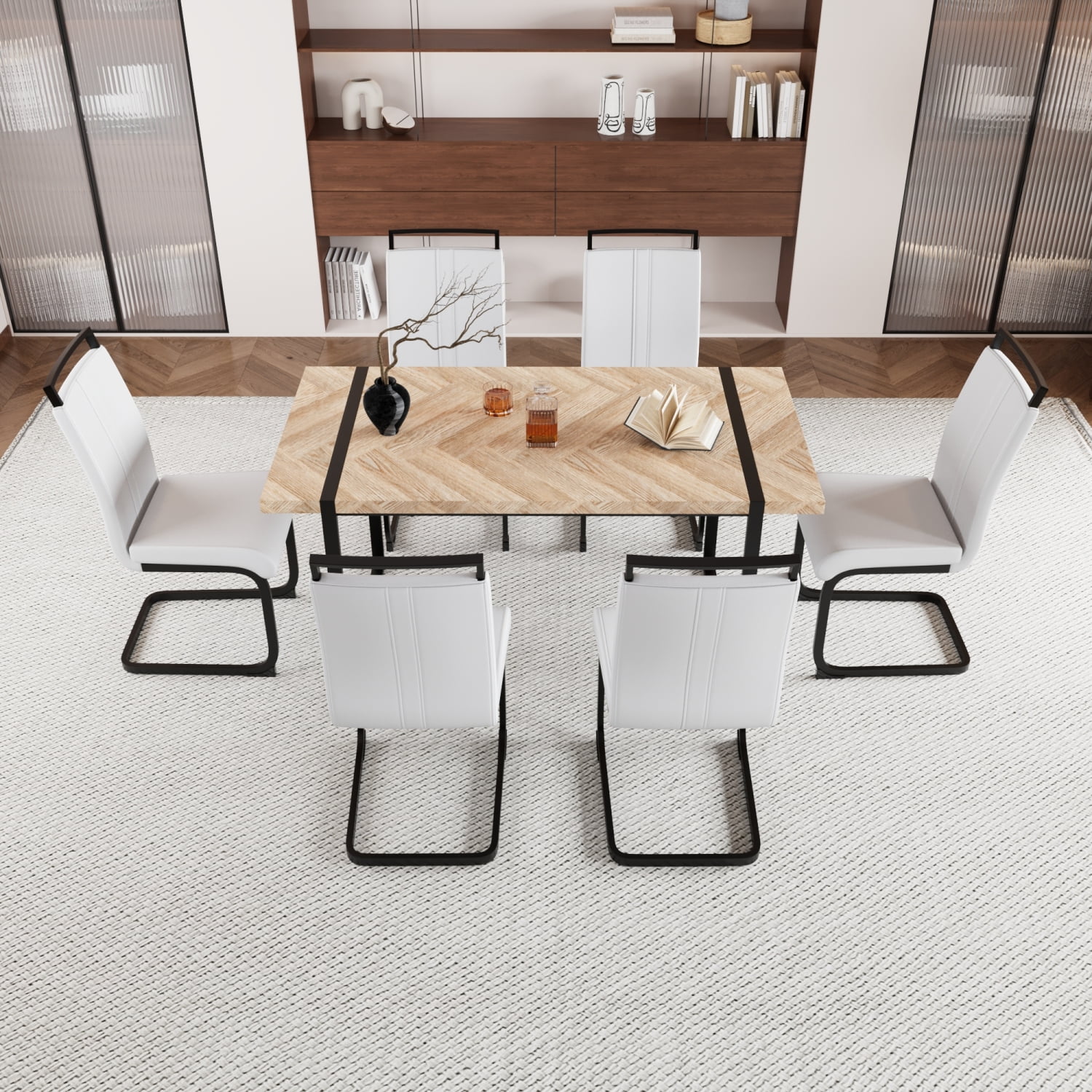 Miekor Furniture 59 " Dining Table Rural Industrial Rectangular MDF Light Wood Set and PU ...