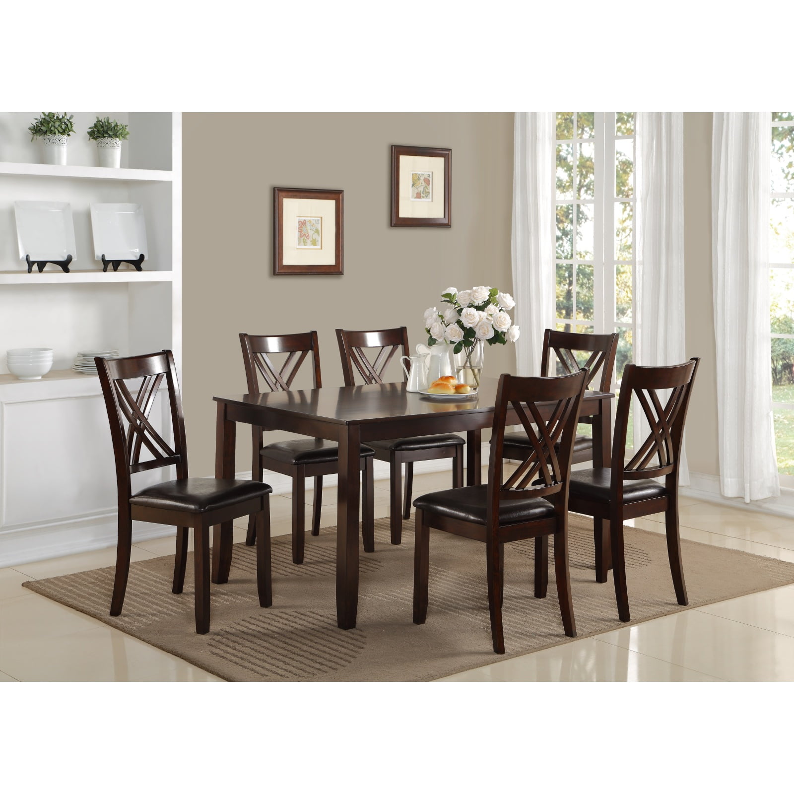 Miekor Furniture 7-Pc Dinette Set Brown Espresso Finish Rectangular Table PU Upholstered Chairs ...