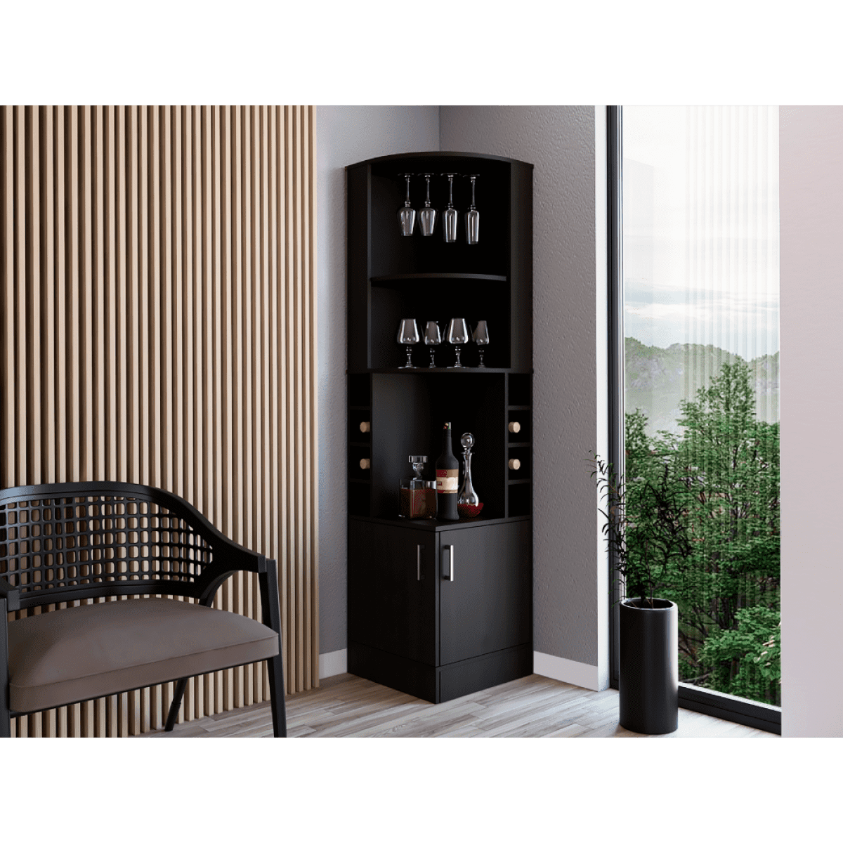 Miekor Furniture 71" H black corner bar cabinet, with two shelves at the top, 1 glass holder, 8 ...