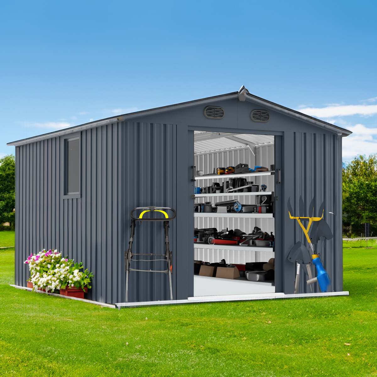 Miekor Furniture 8x10 FT Outdoor Storage Shed, Large Metal Tool Sheds with Window and Lockable ...
