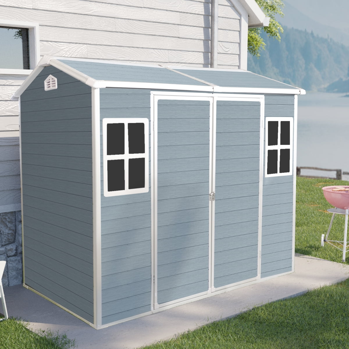 Miekor Furniture 8x4ft Resin Outdoor Storage Shed with Two-Window and Double-Door,Plastic Shed ...