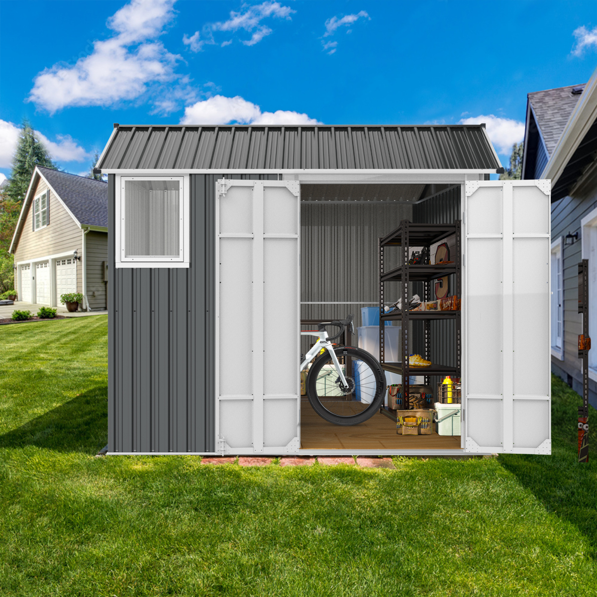 Miekor Furniture 8x6 Ft Metal Outdoor Storage Shed with Window, Floor Base, Air Vents and Double ...