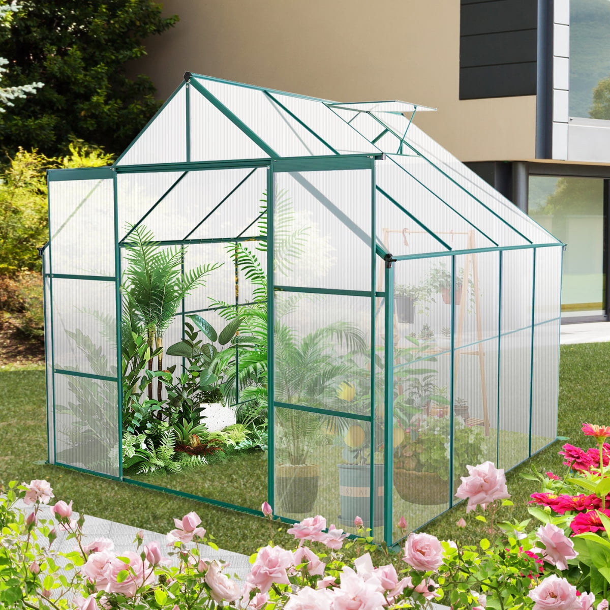 Miekor Furniture 8x8 FT Double Door Polycarbonate Greenhouse Raised Base and Anchor Aluminum ...