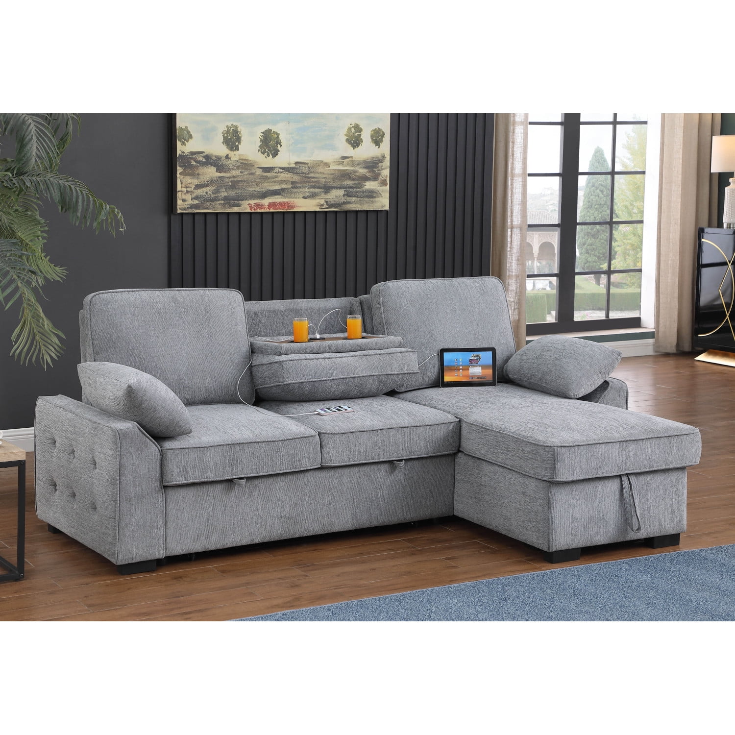 Miekor Furniture 91"W Light Gray Chenille Fabric Sleeper Sectional with ...